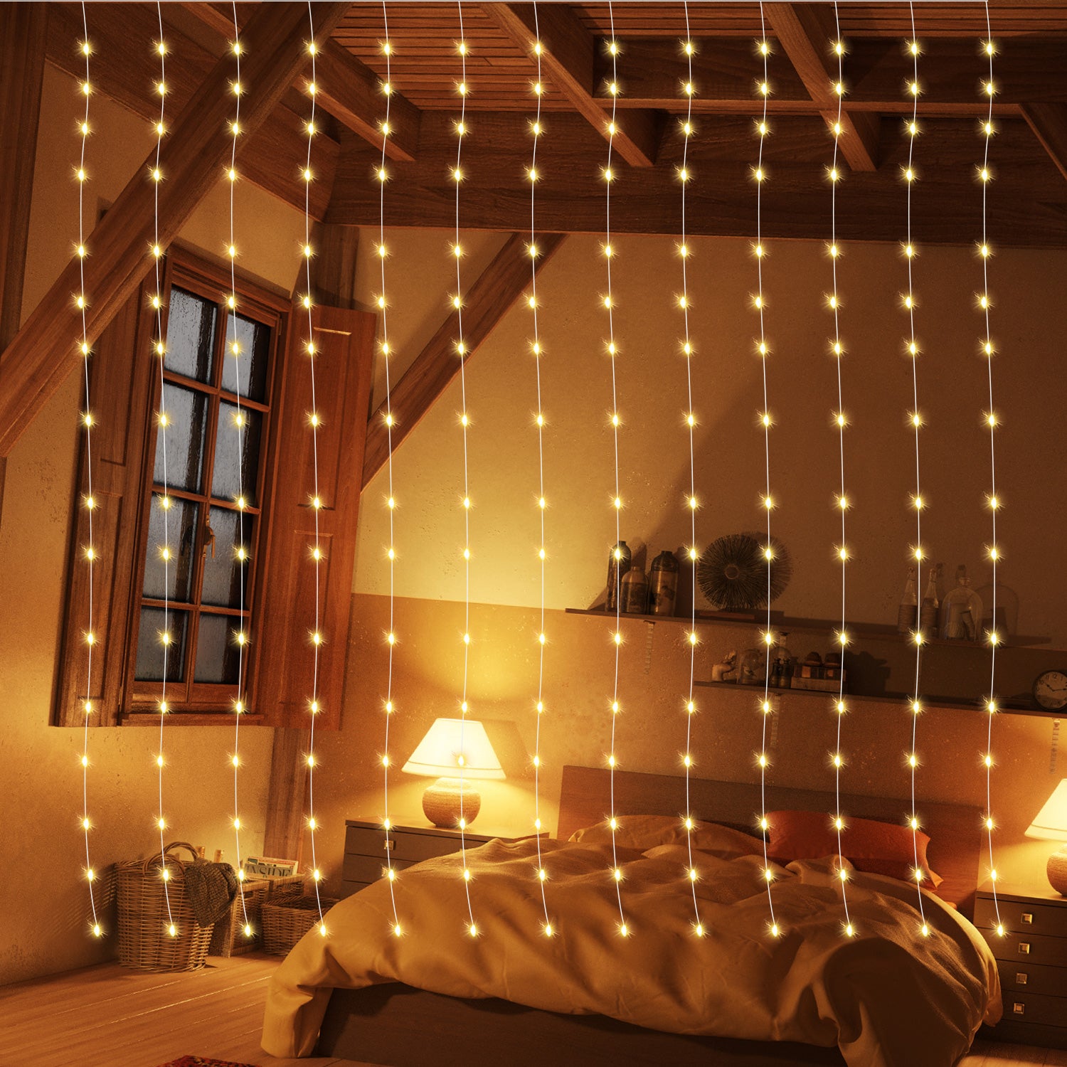 Luz LED para Cortina 3x6m Blanco Cálido 8 modos de iluminación USB ...