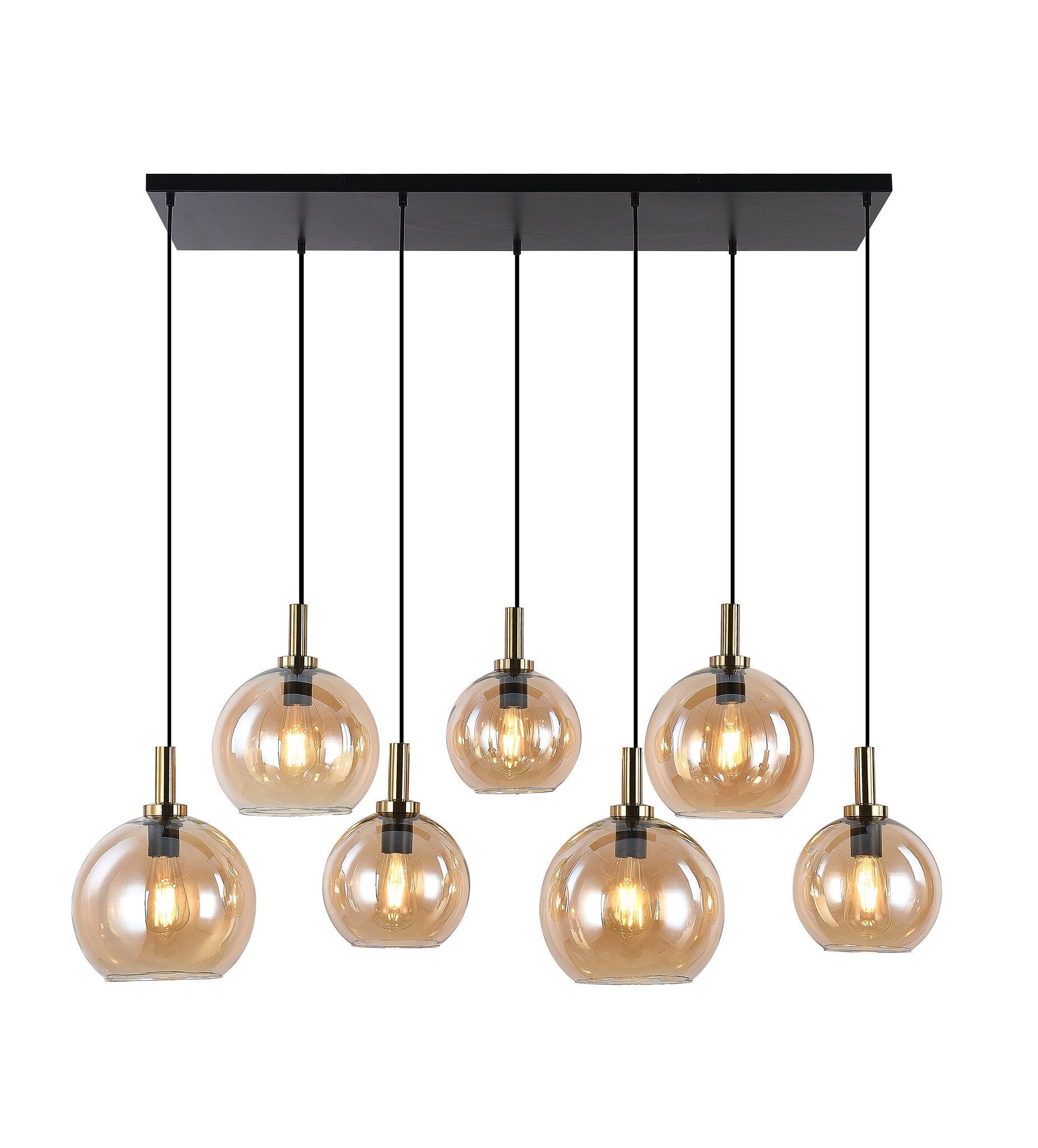 OSIRA Pendel E27 7L Noir + doré, verre ambré 3x Ø200mm, 4x Ø250mm ...