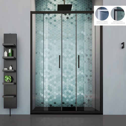 NICHO DE DUCHA CORREDERO CON 4 PUERTAS DE CRISTAL 6 MM BUSINESScm 157-161 P.Negro V.Transparente ...