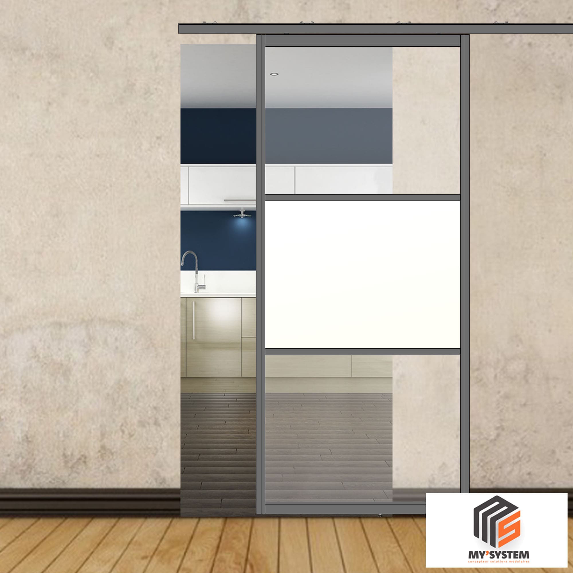 PORTE SIMPLE COULISSANTE DROITE H2088 - L967 mm - 3 VERRES HORIZONTAUX ...
