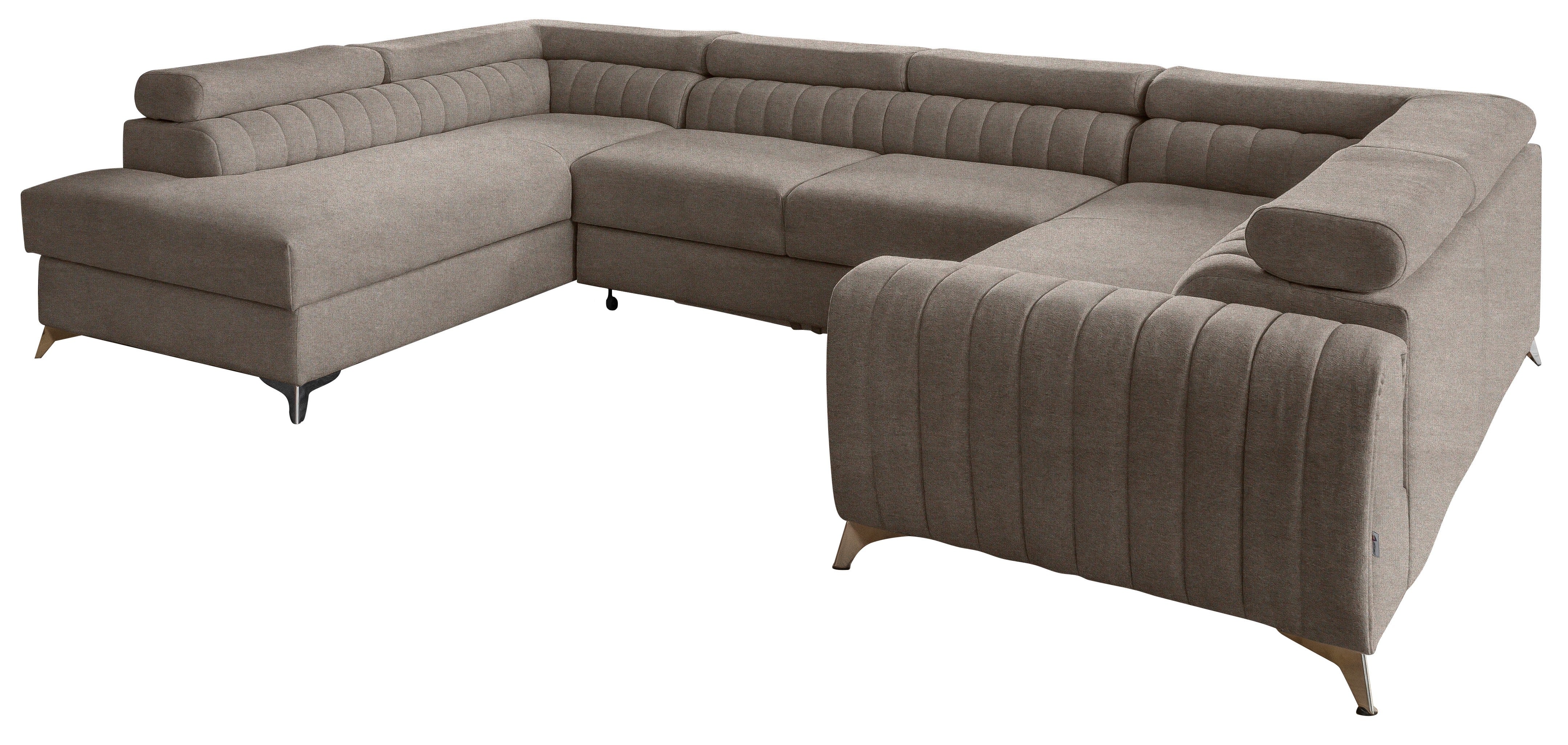 Canapé panoramique convertible tissu beige taupe avec coffre de ...