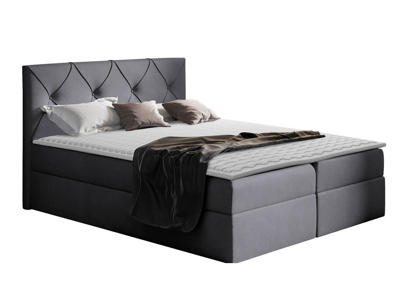 Lit boxspring Litus, Continental, Unique, Gris foncé, 120x200, Tissu ...