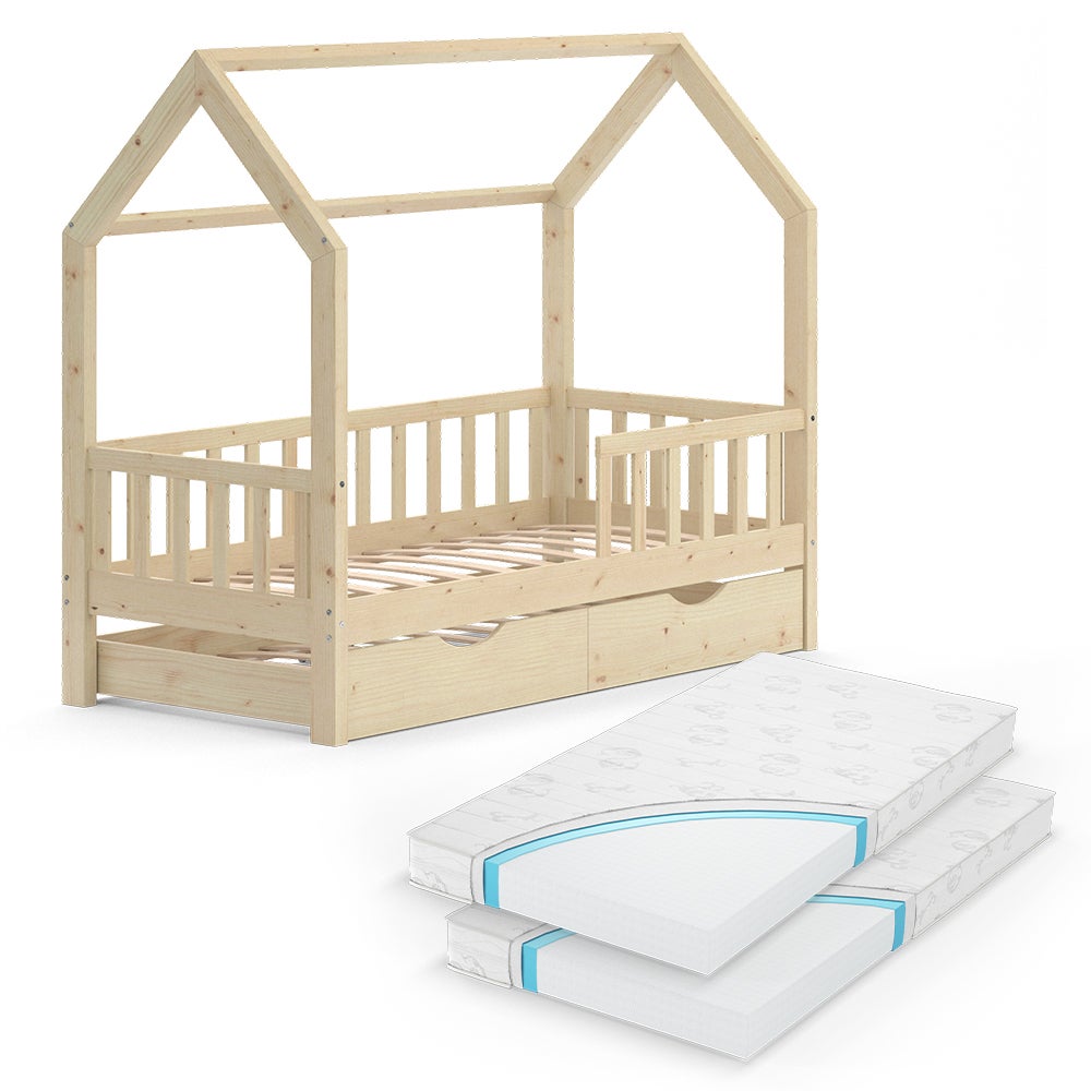 Vitalispa Lit cabane Wiki, Naturel bois, 80x160 cm avec lit dappoint et ...