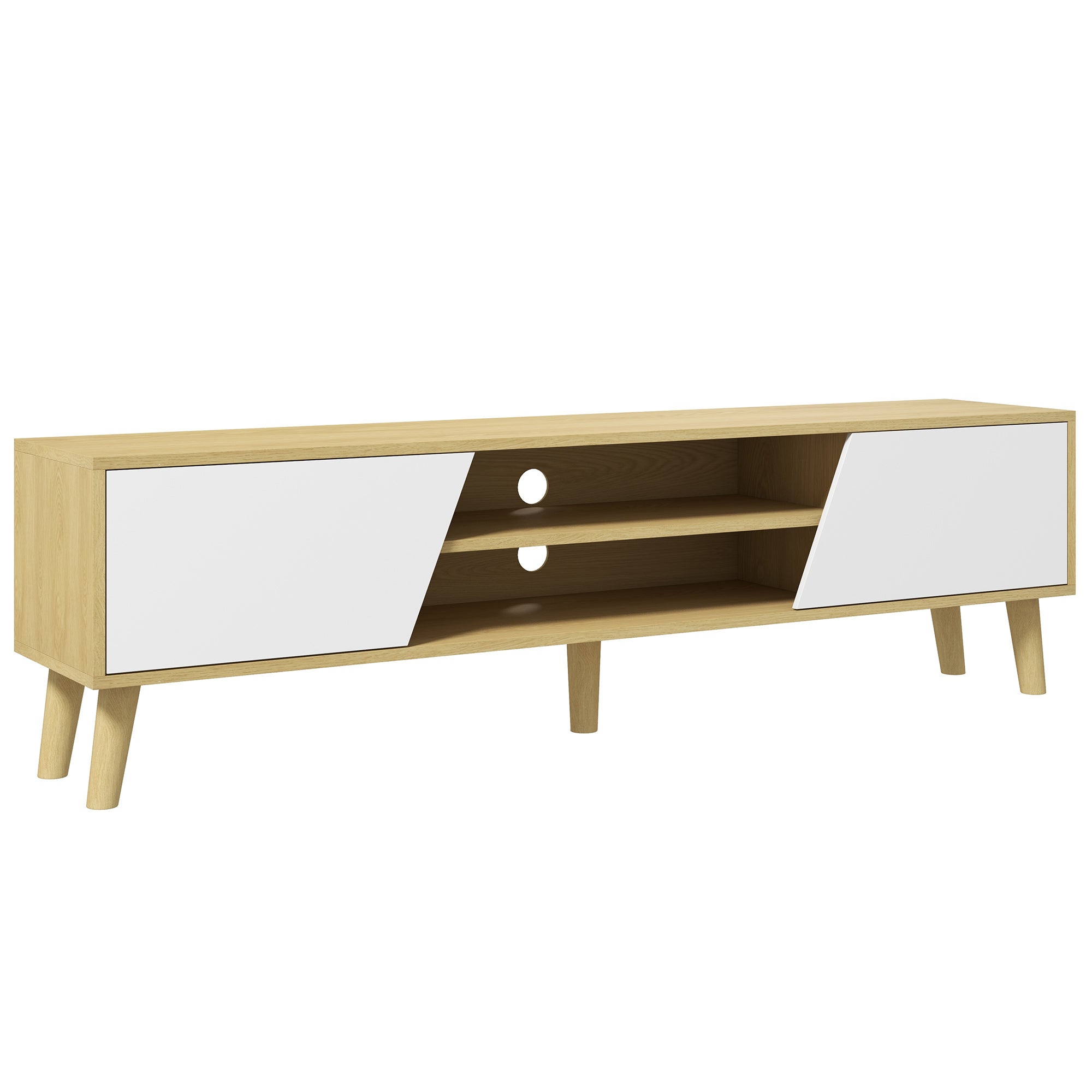 Meuble TV bas sur pied style scandinave blanc aspect chêne clair ...