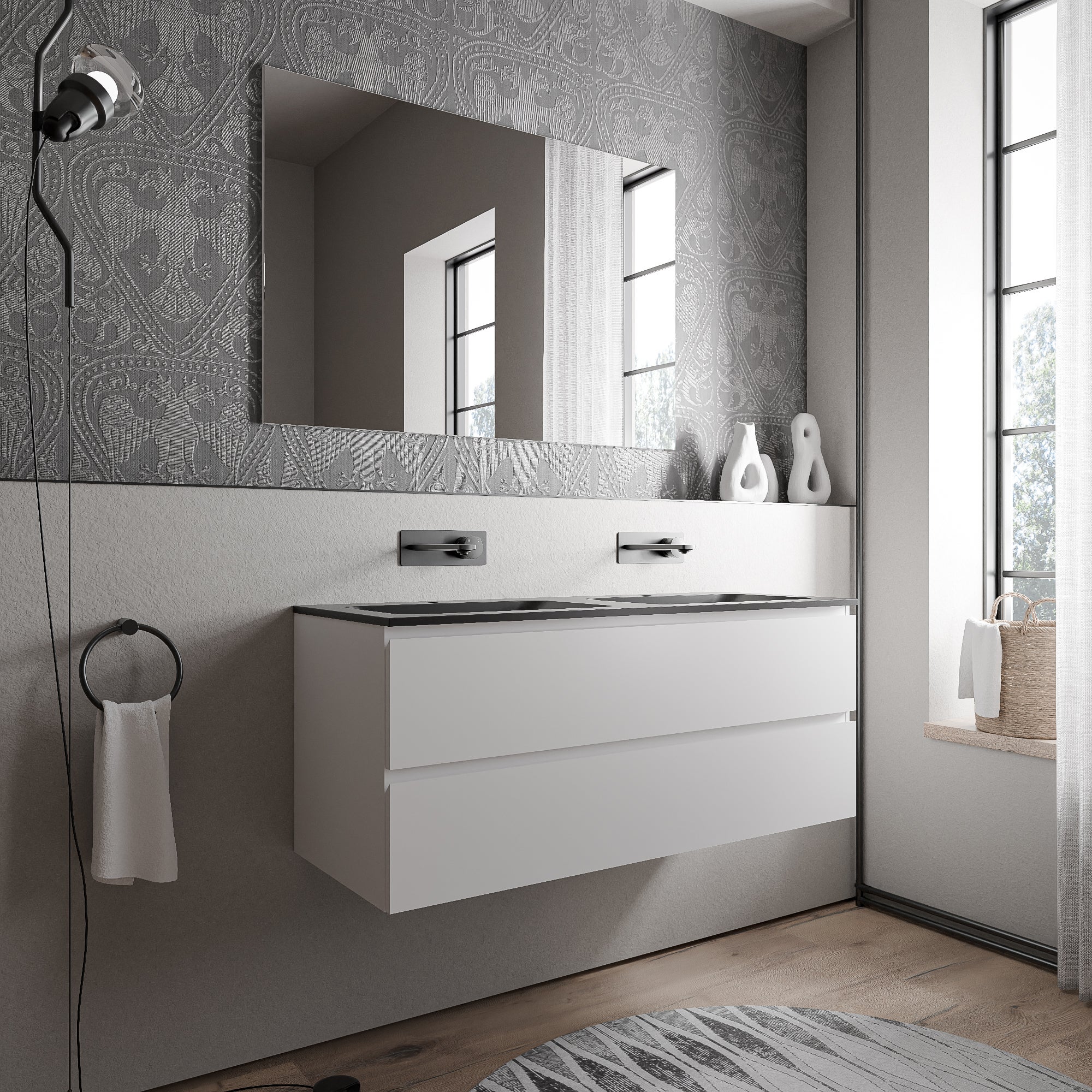 BERNSTEIN - Mueble lavabo doble suspendido MDF blanco mate, 2 lavabos ...