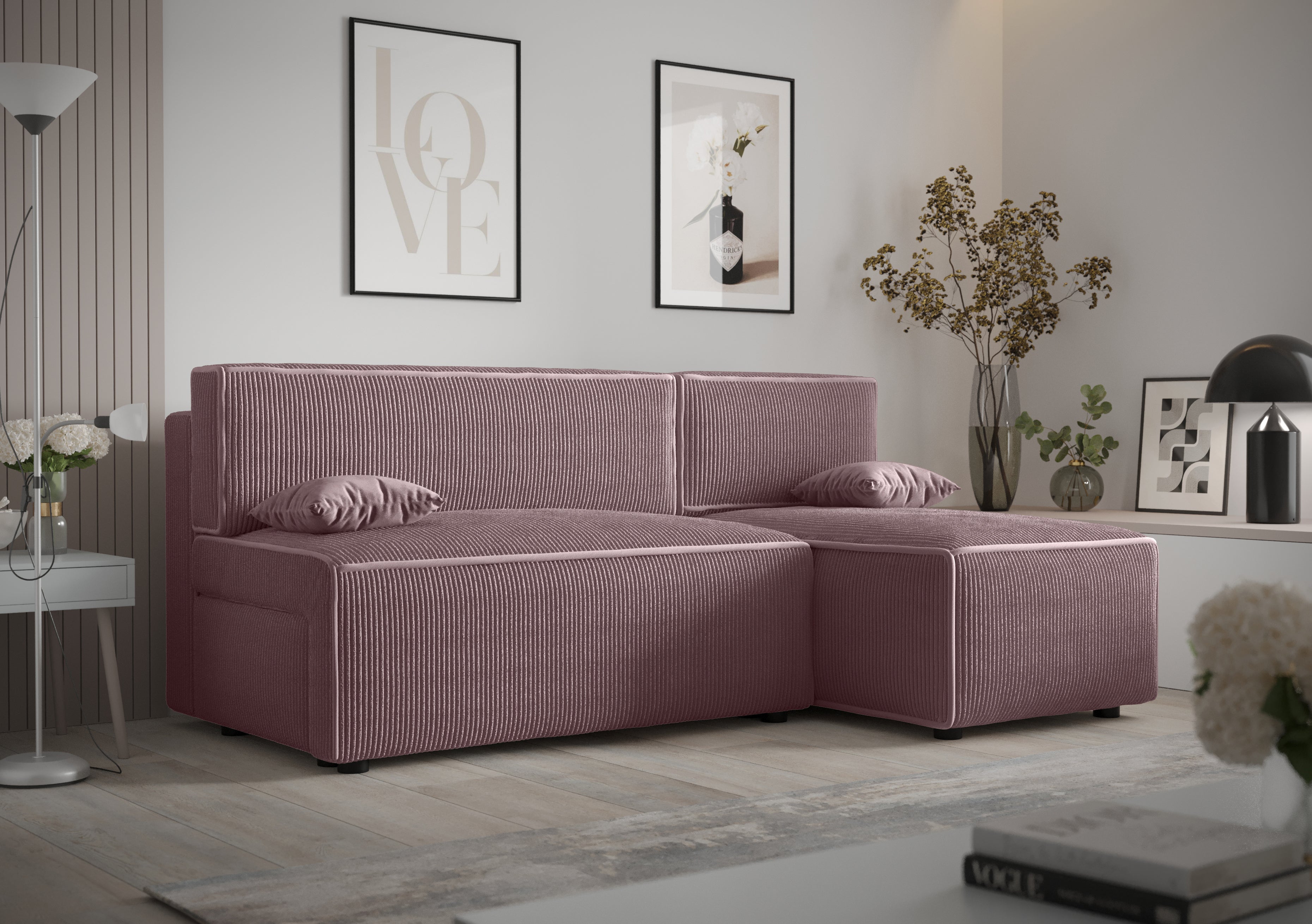 Divano angolare Alvito, Colore: Rosa. Materiale: Velluto a coste. D ...