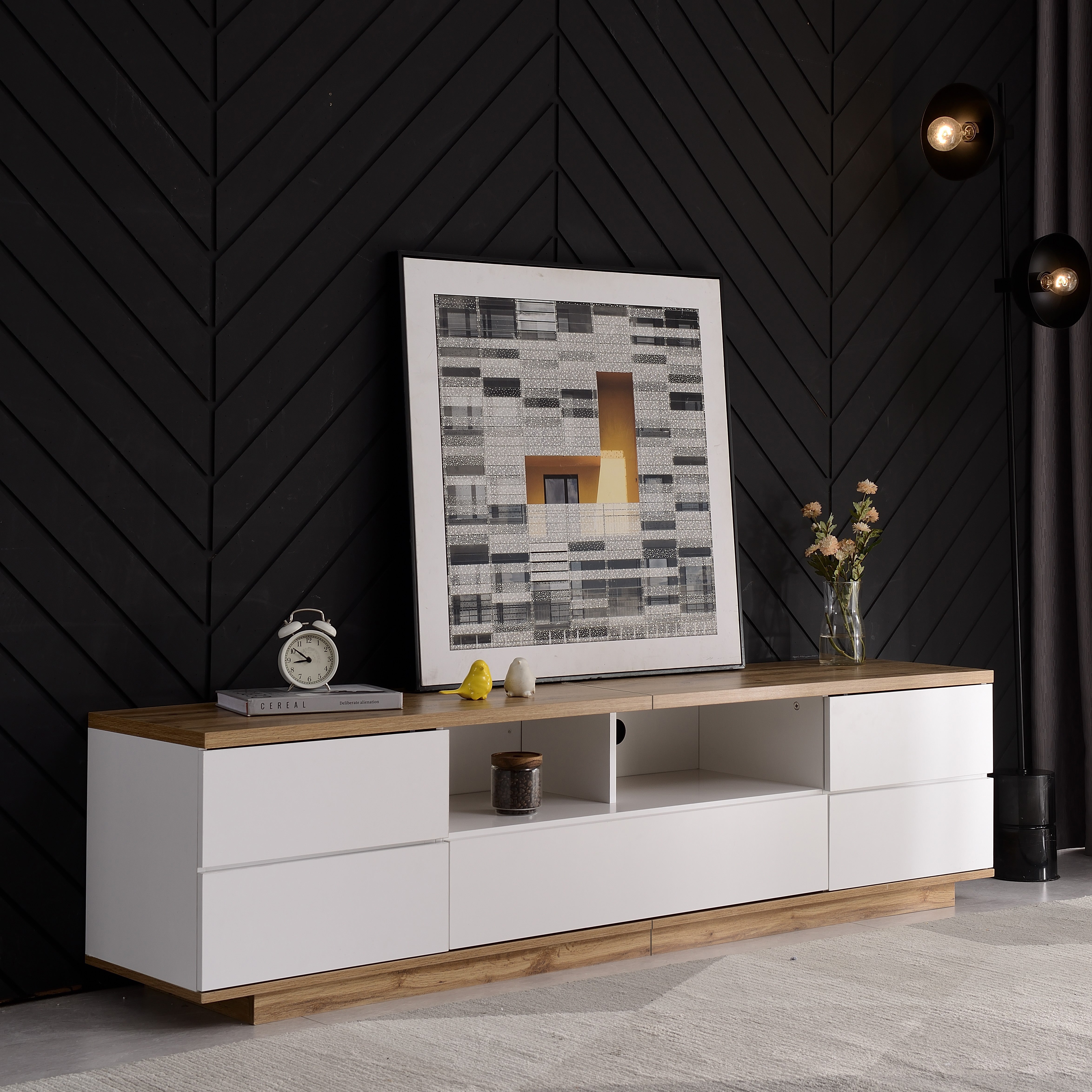 Commode TV design moderne - Blanc et bois - 180x38x46 cm - 5 portes ...