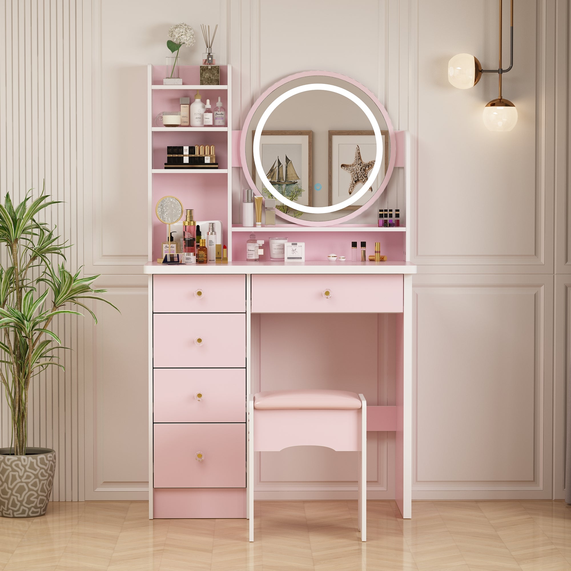 Coiffeuse avec miroir rond LED éclairage compartiments ouverts étagères ...