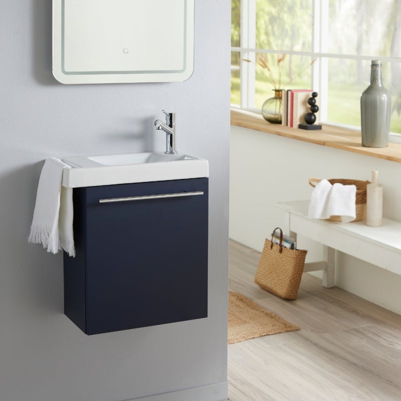 Meuble lave mains Bleu nuit avec porte serviette en céramique et ...