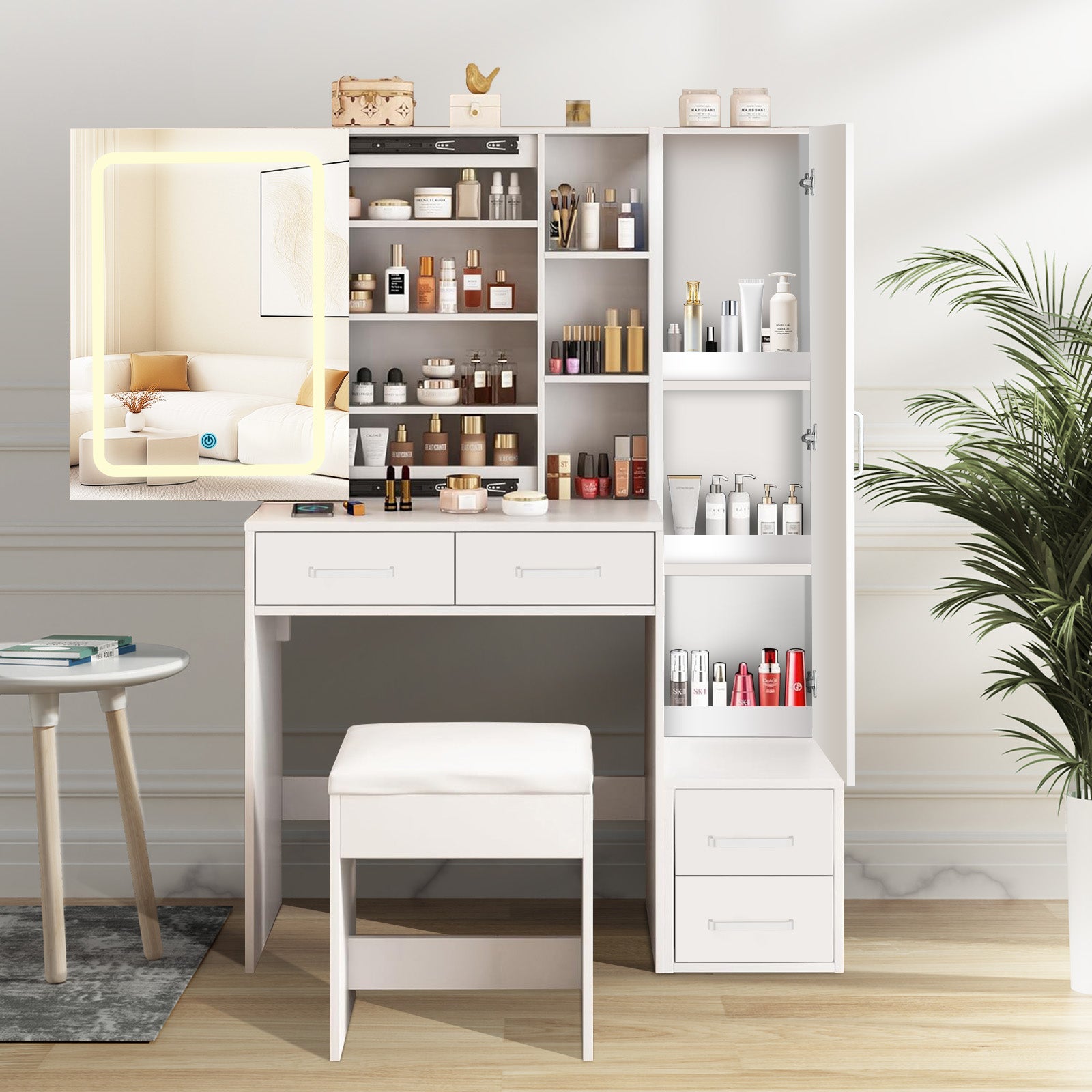 Coiffeuse blanche avec miroir LED tricolore coulissant, 4 tiroirs, 1 ...