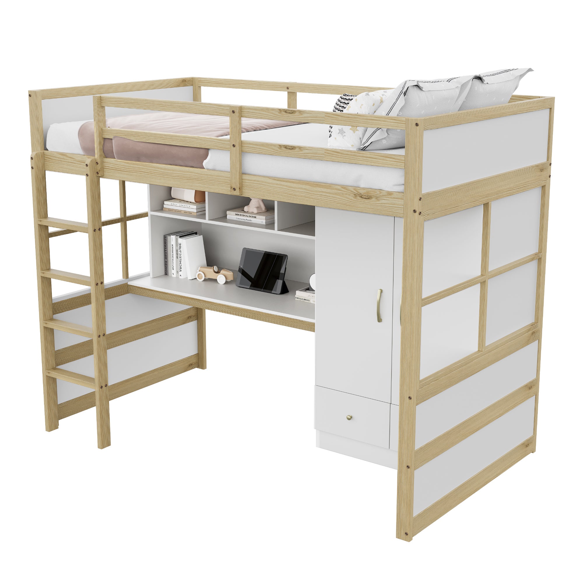 Lit mezzanine 90 x 200 cm, avec échelle, bureau avec rangement, armoire ...