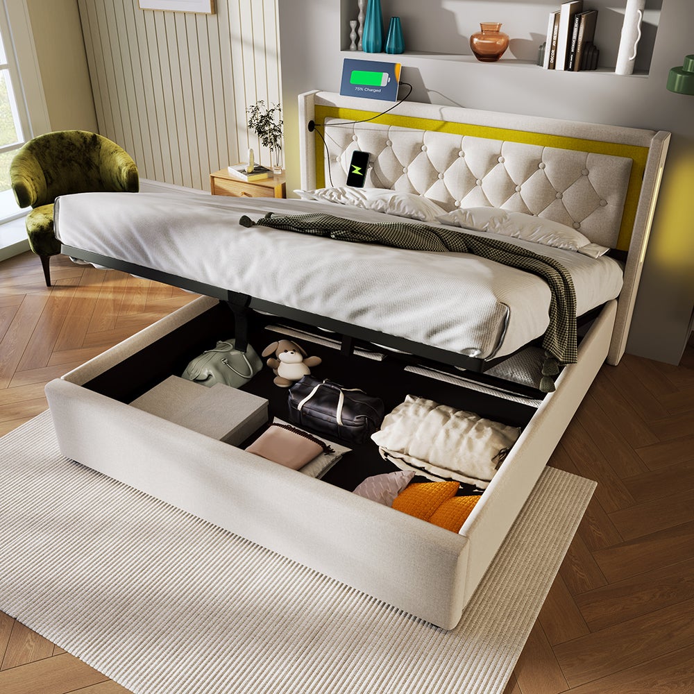 Lit coffre Lit double LED avec rangement et tête de lit USB type C lit ...