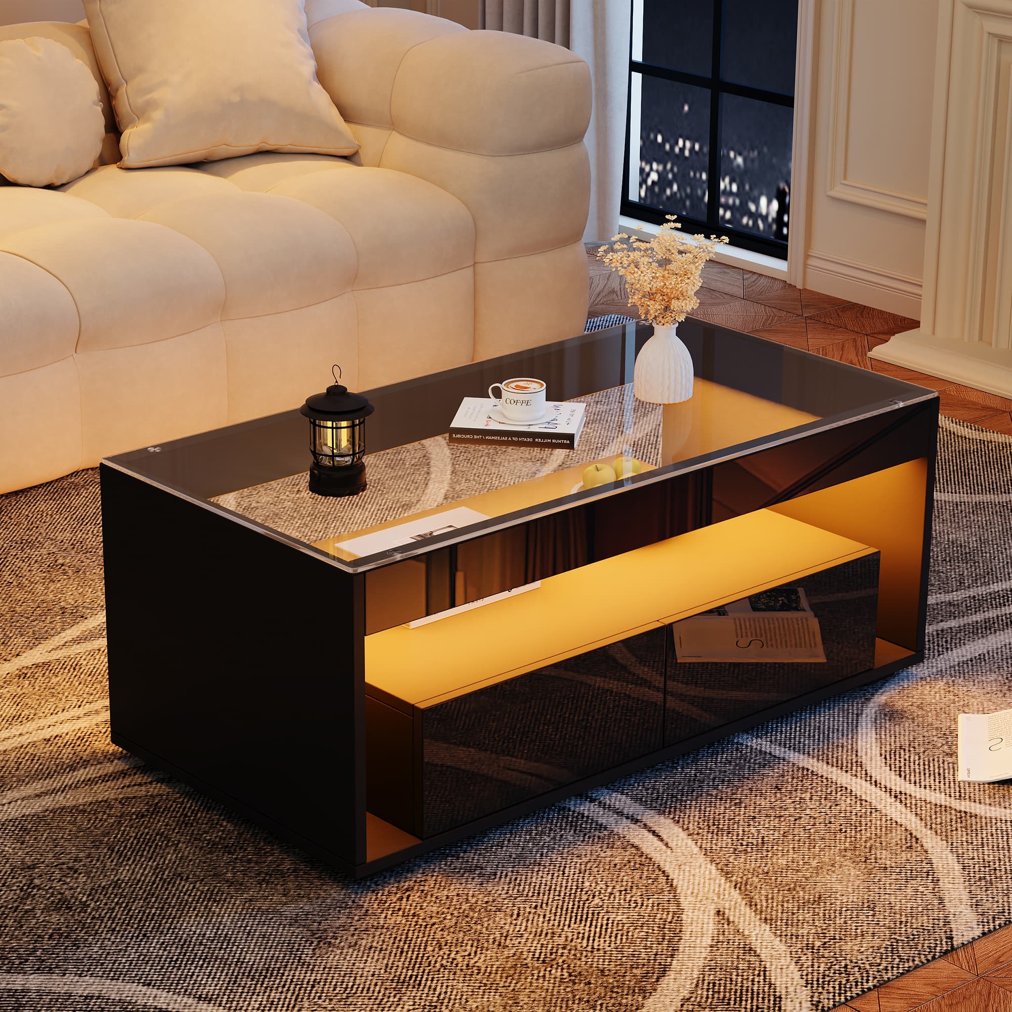 Table basse 100x50 cm - avec LED 16 couleurs, 2 tiroirs, design double ...