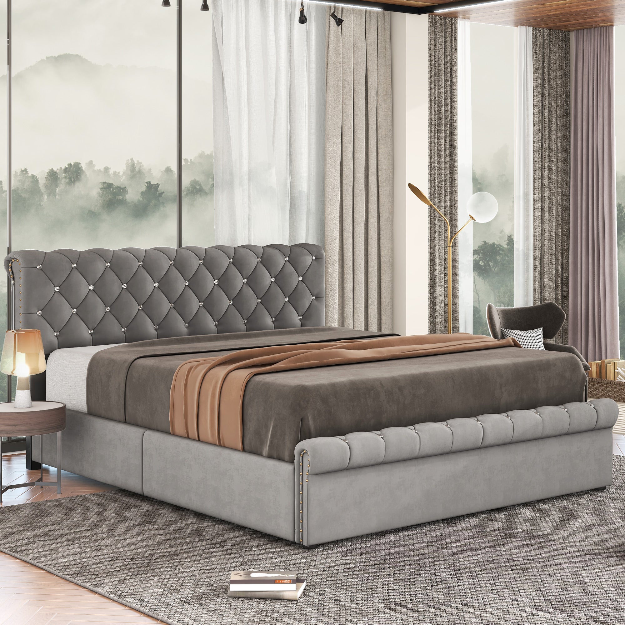 Cama con canapé tapizada 140 x 200 cm - tejido de terciopelo - cabecero ...