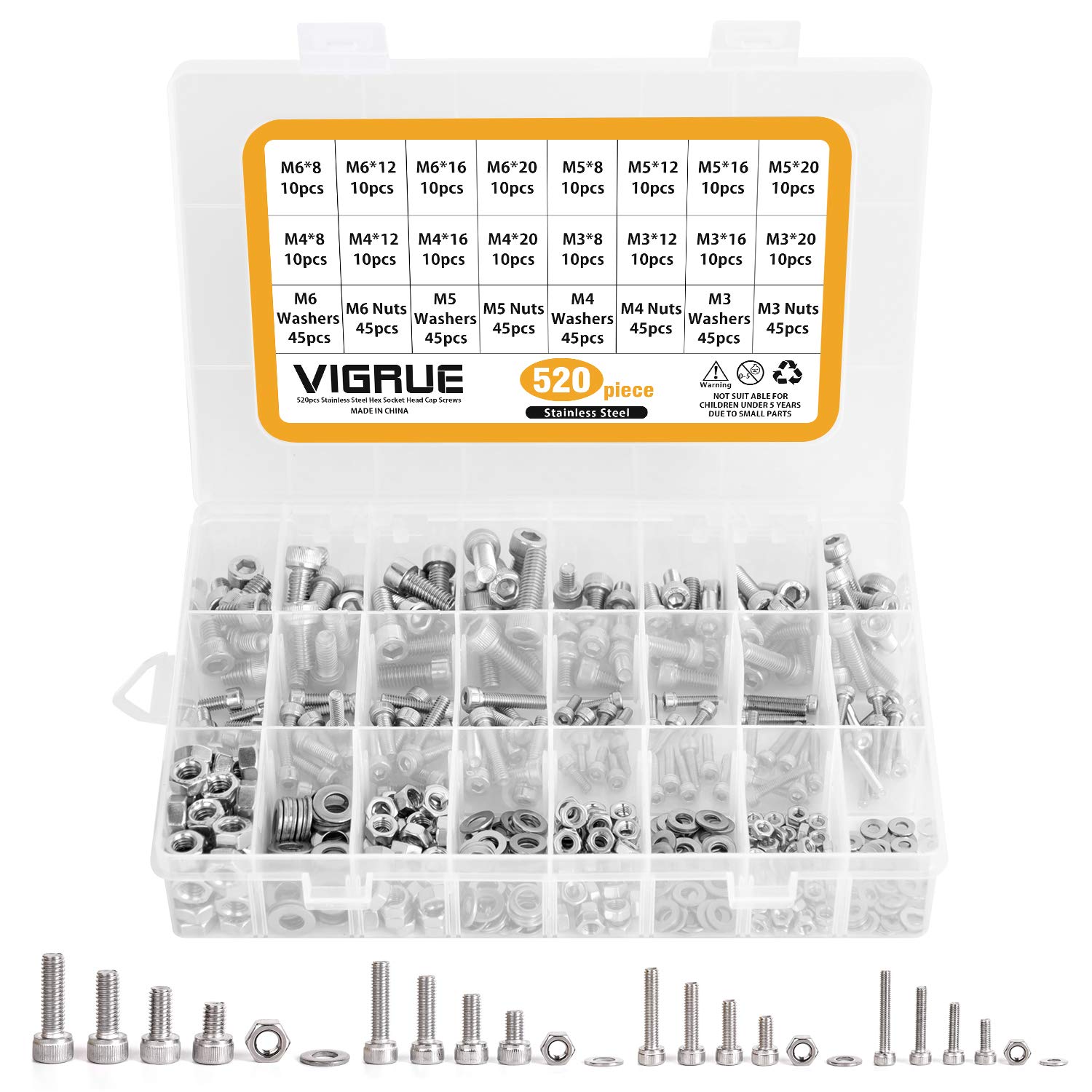 VIGRUE Kit 520PCS M3 M4 M5 M6 304 acciaio inossidabile esagono ...