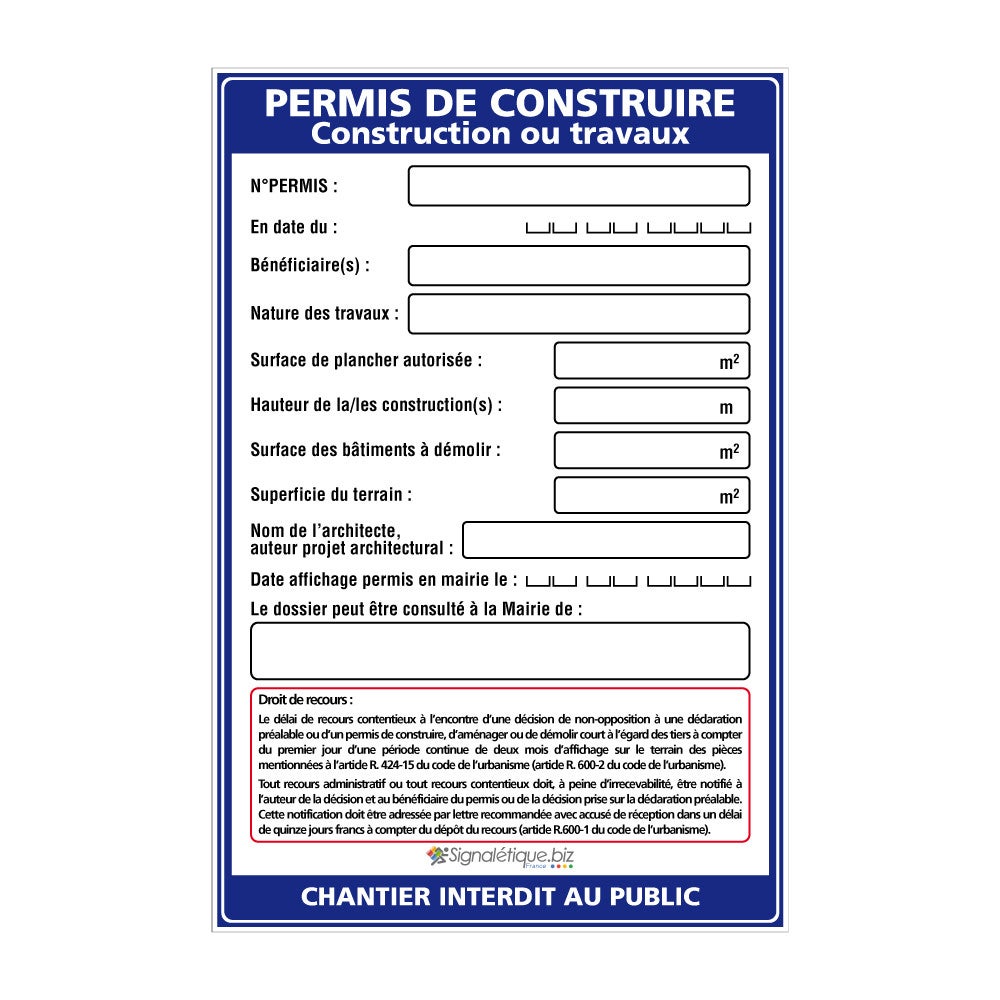 Panneau Permis de Construire, Construction ou Travaux + Marqueur noir ...