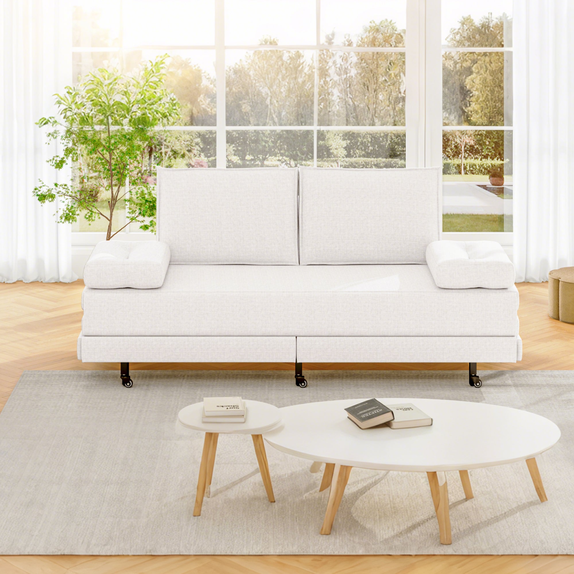 Canapé-lit, 90×200cm, Lit double, Pliable, Blanc, Lin, Gain de place ...