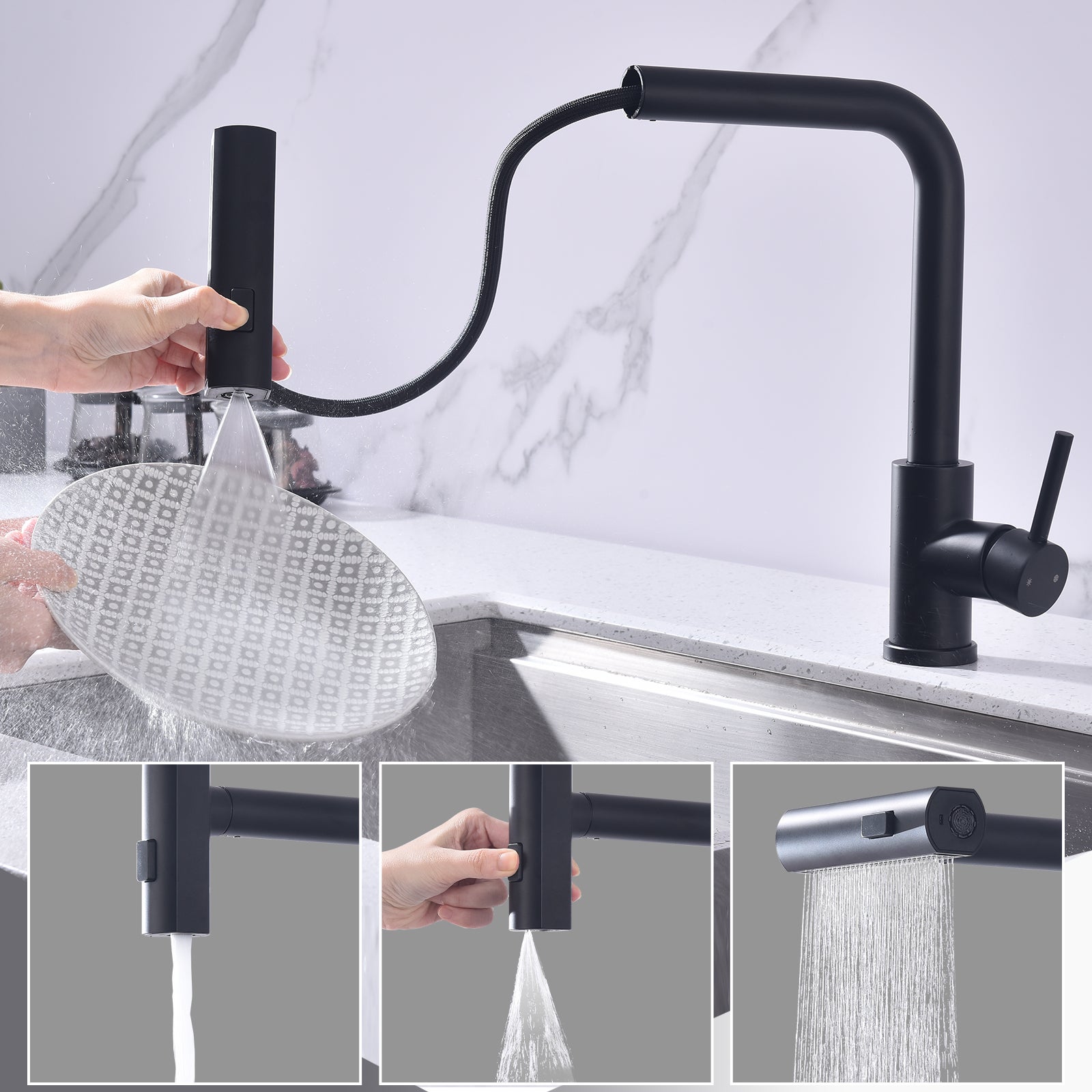 Robinet Cuisine Noir Mat avec Douchette Extractible 3 Fonctions de ...