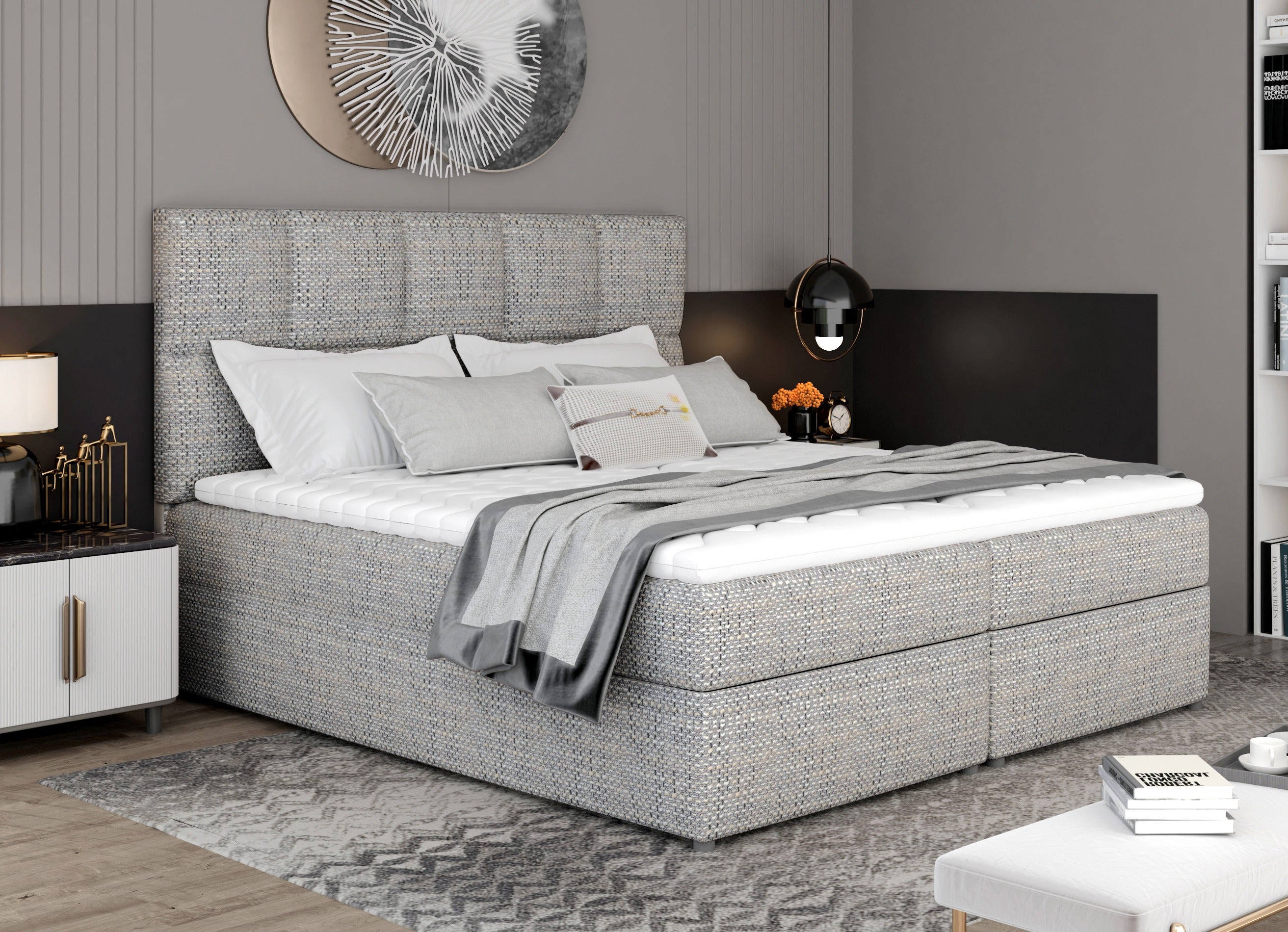 Lit boxspring tissu gris clair chiné avec matelas et surmatelas Lizen ...