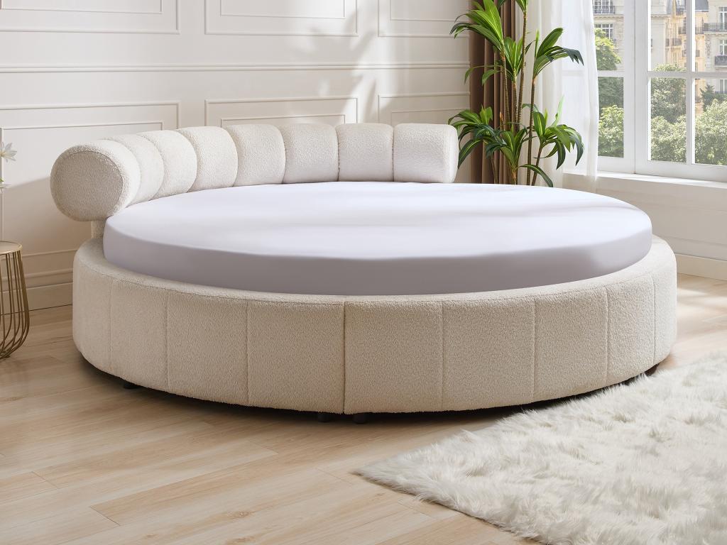 Lit rond 220 x 220 cm - Tissu bouclette - Blanc + Matelas - ROGILA ...