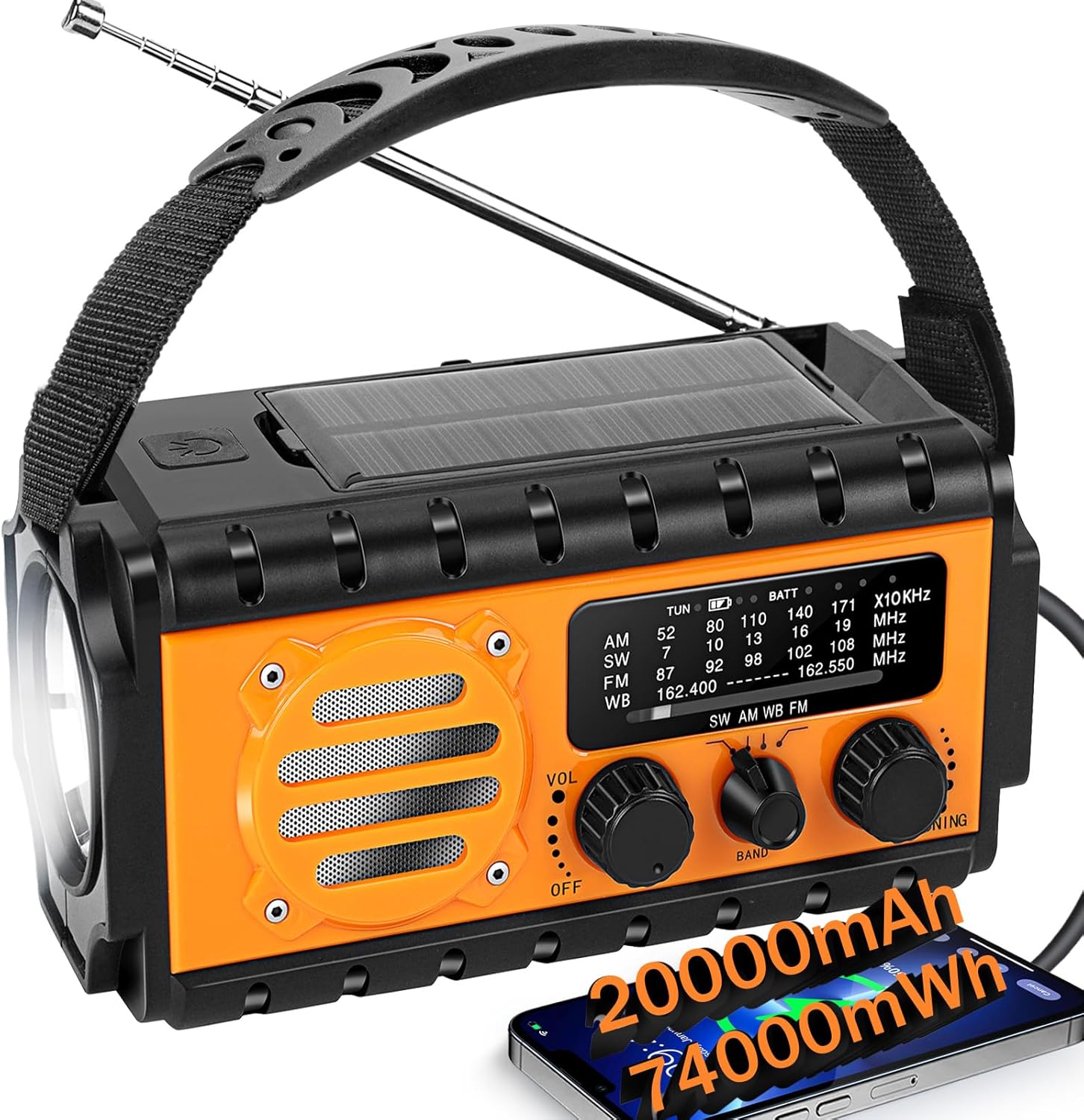 Orange Radio Dynamo Survie 20000mah AM/FM, Lampe Dynamo Survie Solaire ...