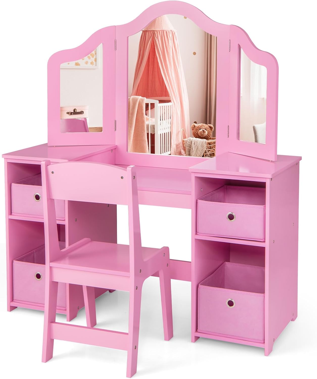 Tocador infantil para niña, 2 en 1 mesa silla infantil con estantes ...