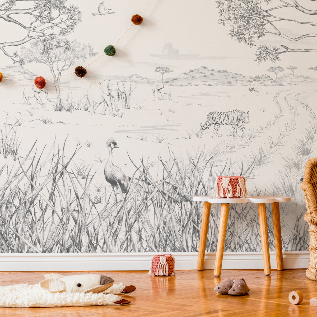 Papel pintado panorámico Safari a Tanzania, Blanco y negro 300 x 250cm ...