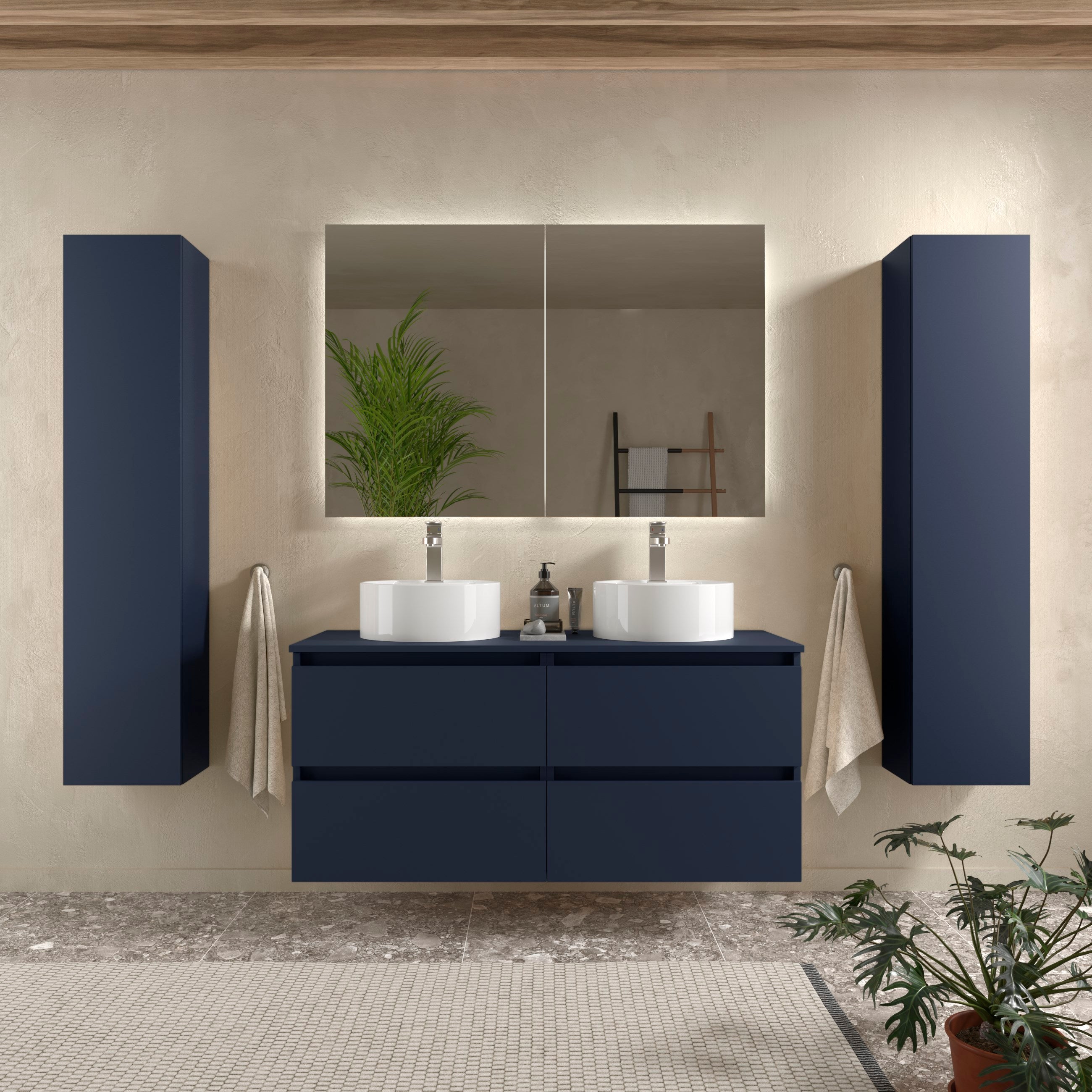 Meuble de salle de bain BEQUIA 120cm Bleu mat | Vasque à poser | Leroy ...