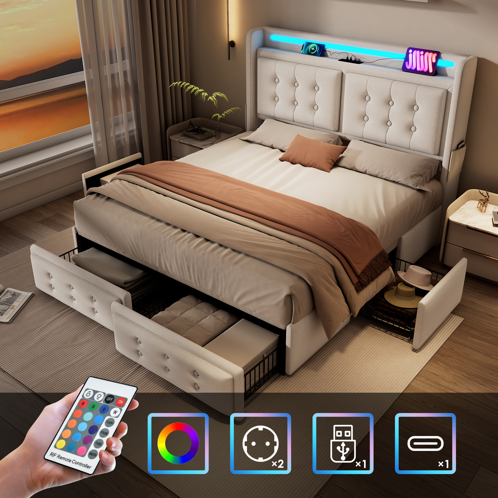 Lit capitonné 180 x 200 cm avec 4 tiroirs, tête de lit LED, prise USB ...