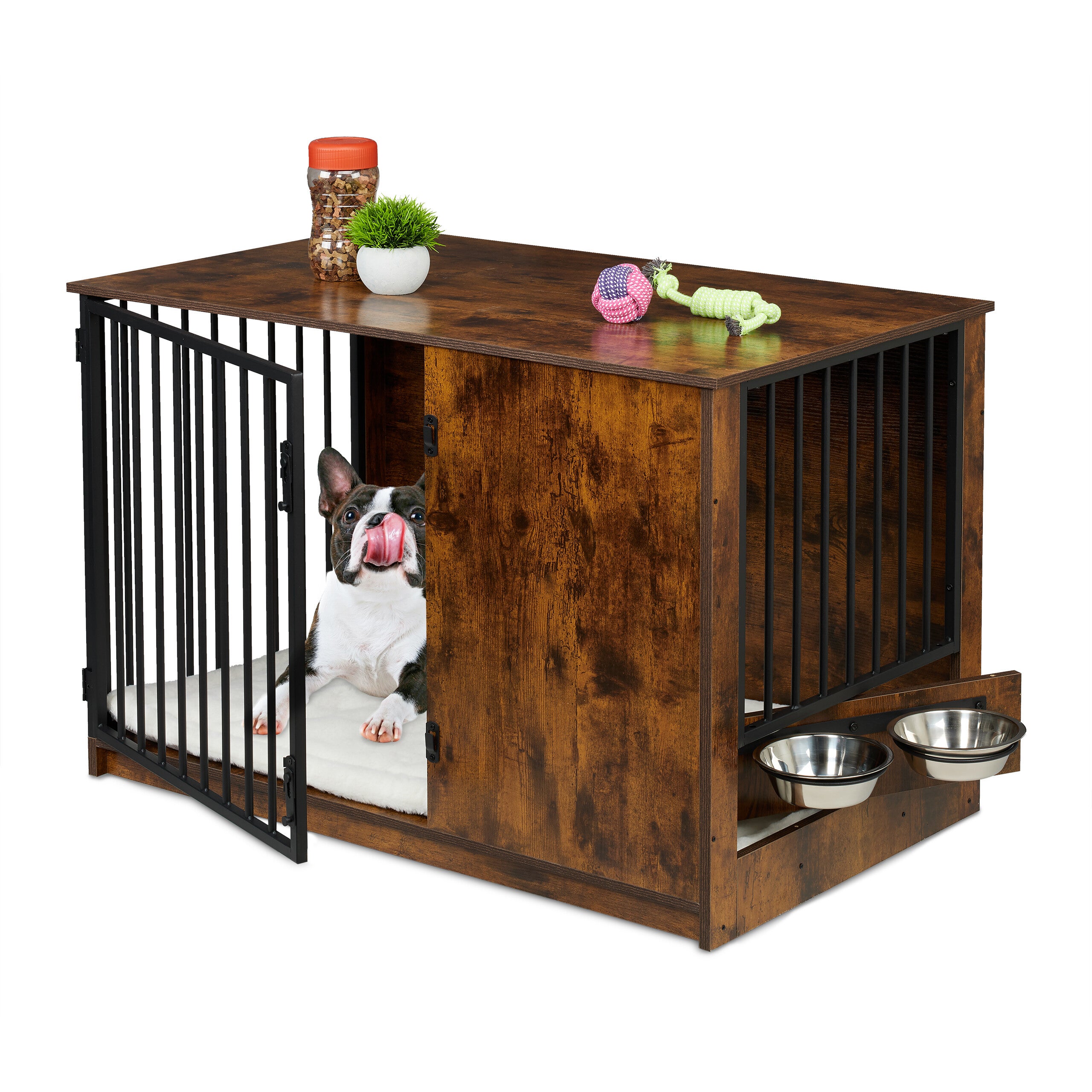 Box pour chien à domicile, HxLxP: 65,5 x 102 x 60 cm, 2 gamelles ...