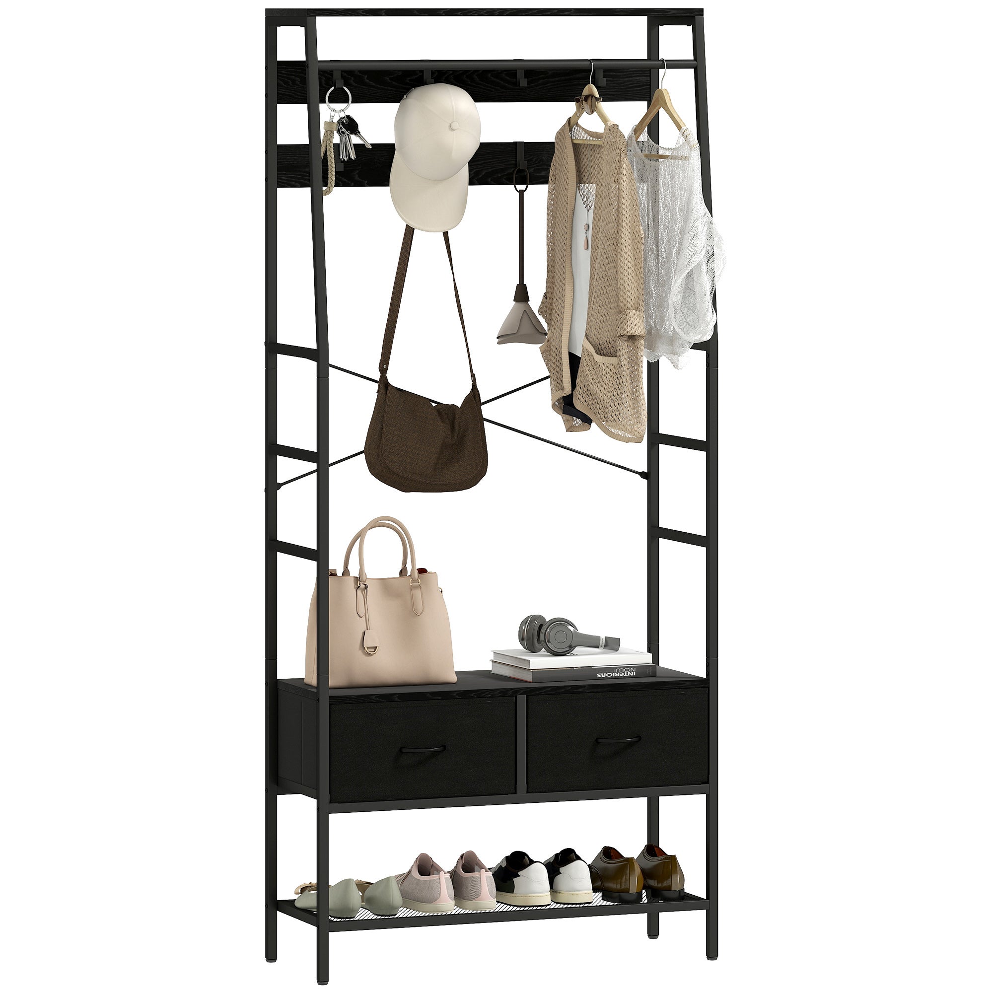 Perchero con zapatero, perchero estilo industrial, 2 cajones de tela, 8 ...