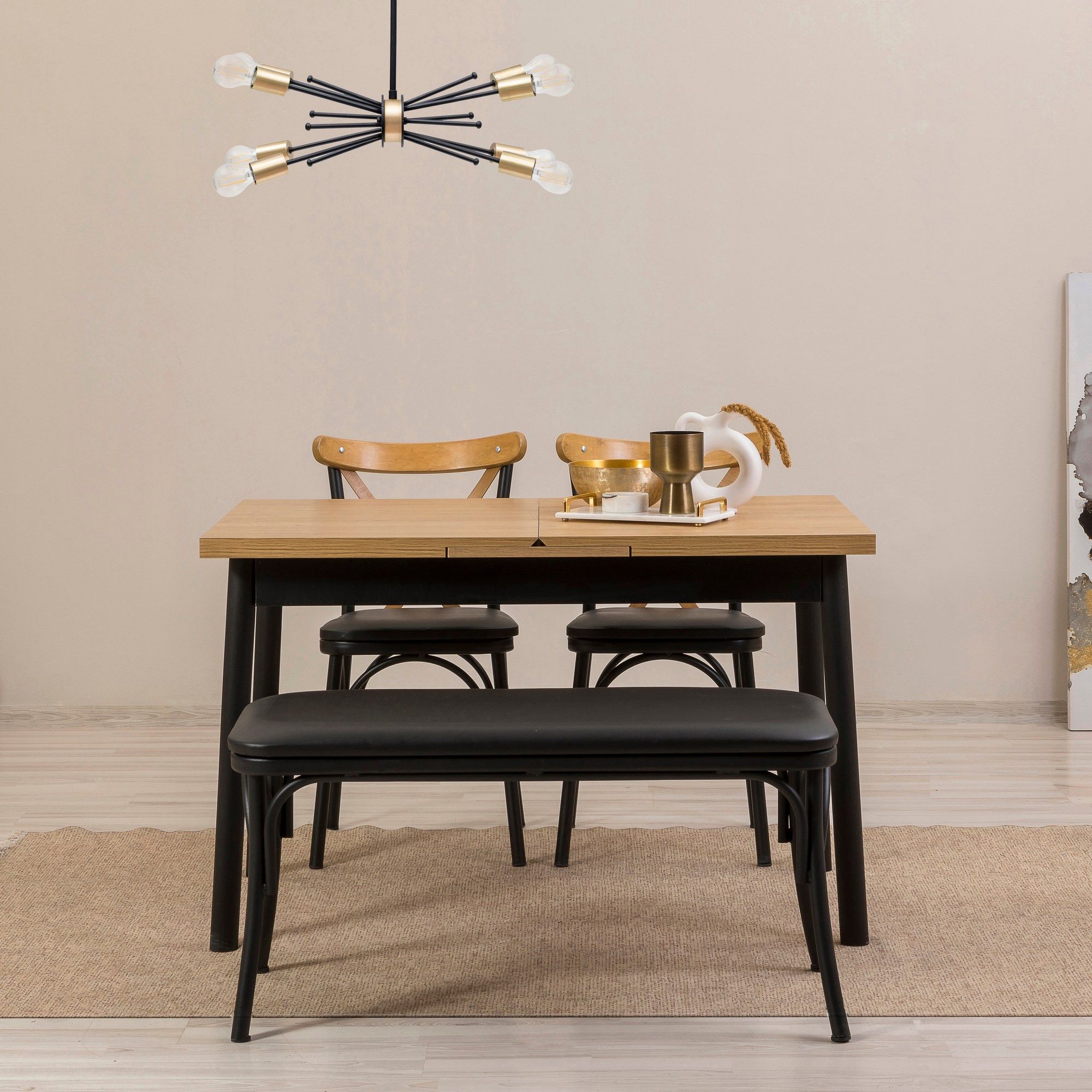 Ensemble 2 chaises, 1 banquette et 1 table extensible Iridus Noir et ...
