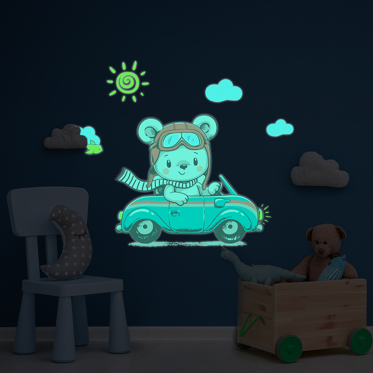Sticker phosphorescent lumineux - OURSON EN BALADE AUTOMOBILE ...