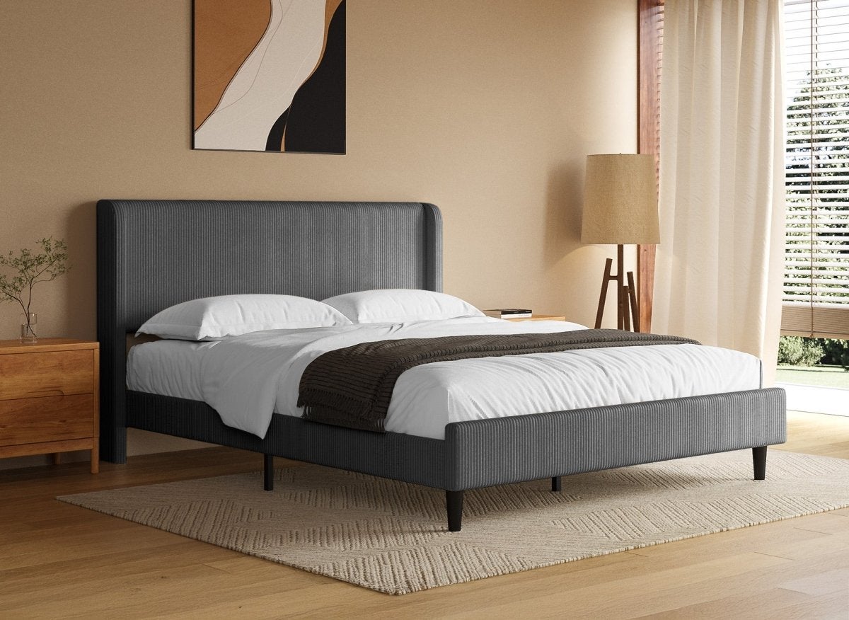 Lit double en velours côtelé épais gris foncé 160x200cm LEVY | Leroy Merlin