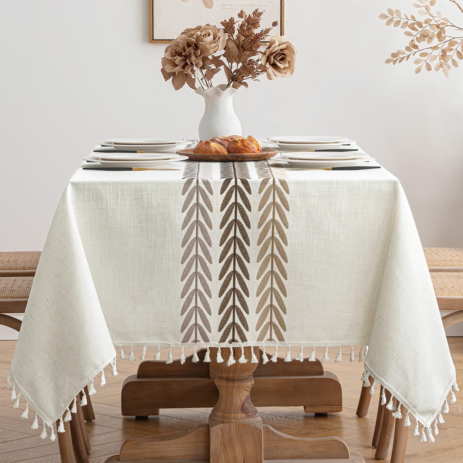 Mantel rectangular impermeable de 140 x 180 cm con hojas beige y borlas ...
