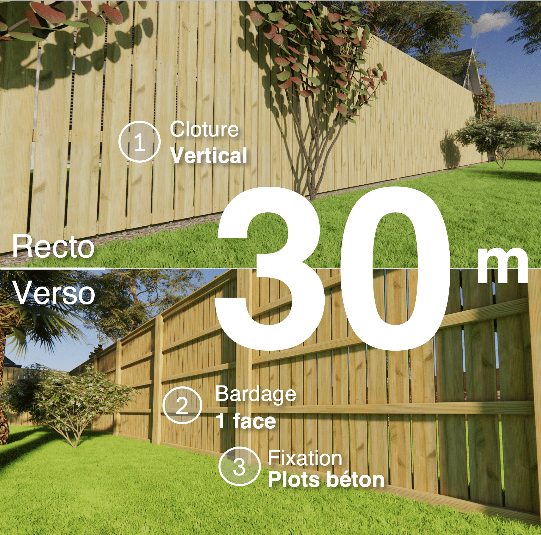 Kit clôture bois moderne 30m – H 2,3m – 21 x 145 mm autoclave vert ...