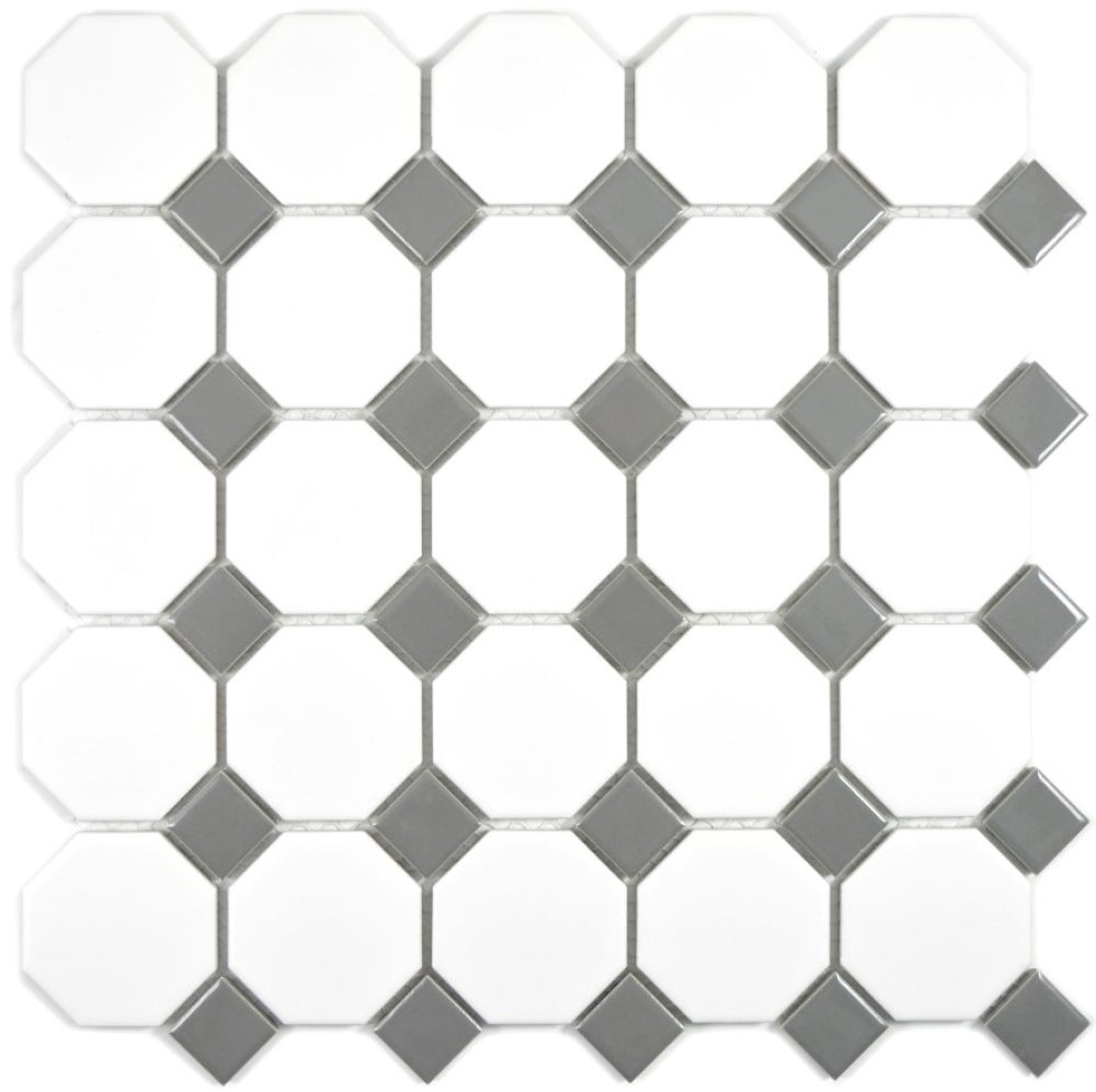 Azulejo mosaico de cerámica, metal gris octogonal, blanco mate ...