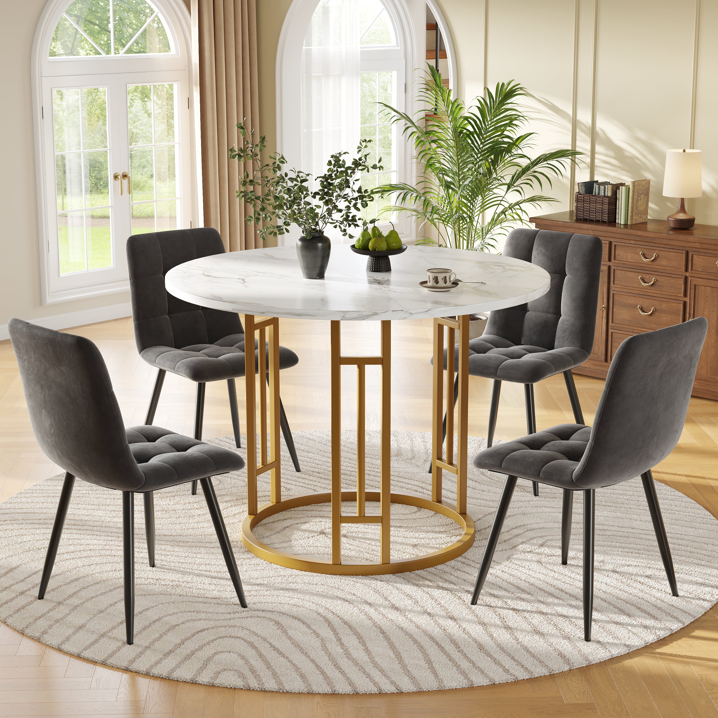 Ensemble table à manger ronde + 4 chaises en lin - D 80 x H 76 cm ...