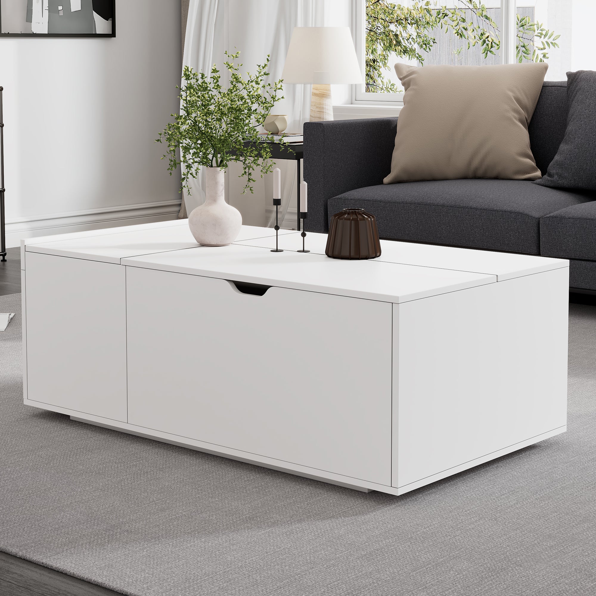 Table basse relevable blanche avec tiroirs et portes coulissantes ...