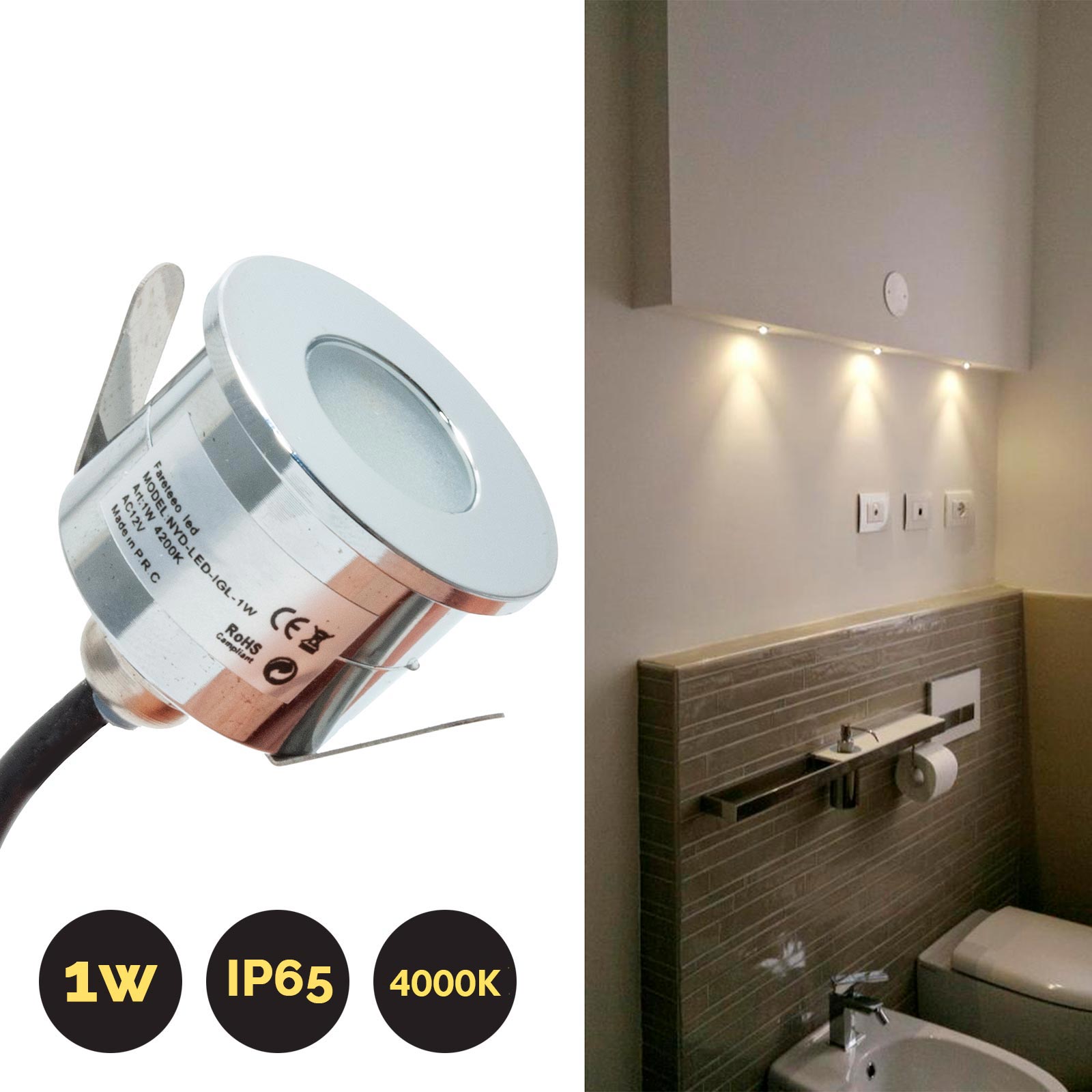Mini spot LED encastrable 12V, 1W, étanche IP65, pour salle de bain ...