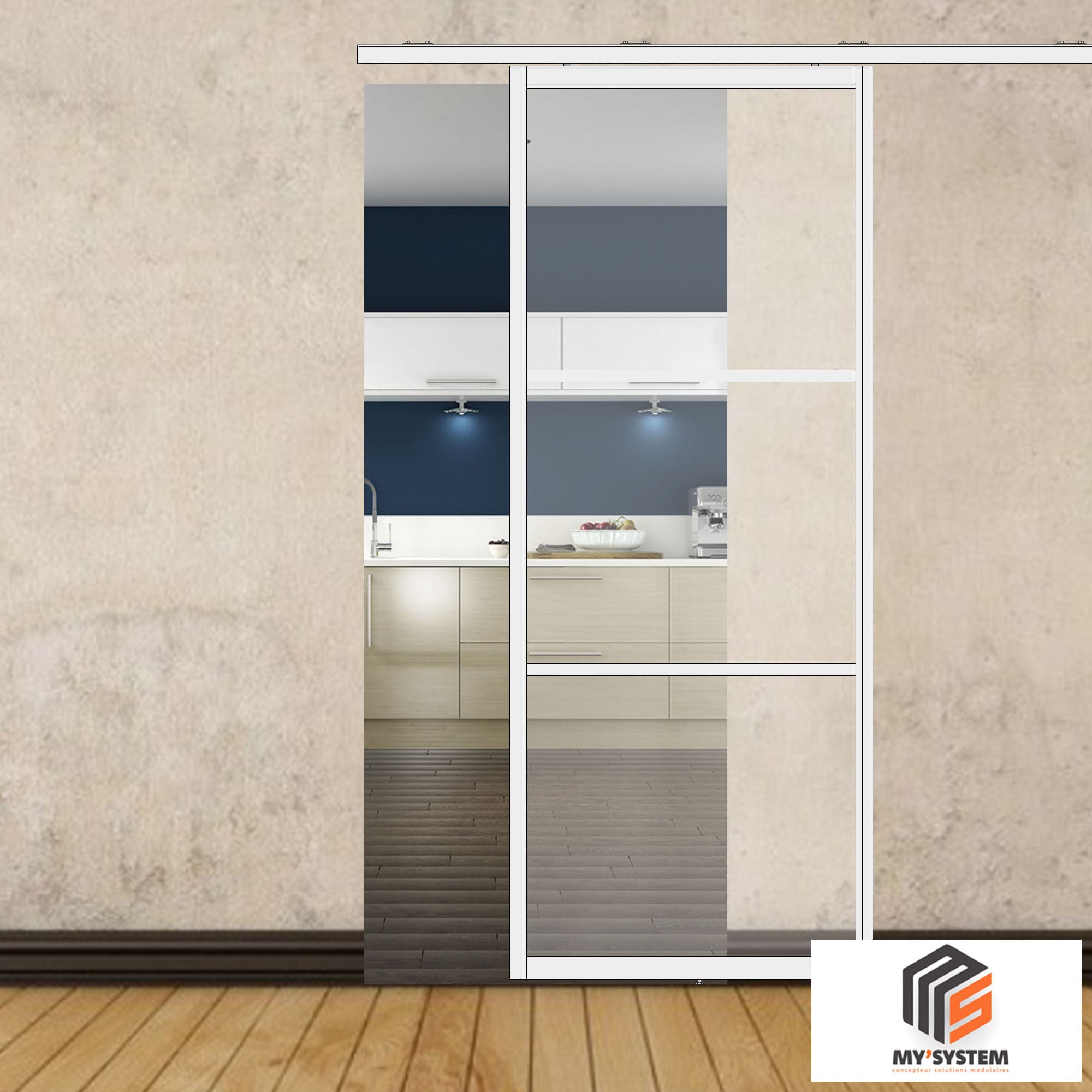 PORTE SIMPLE COULISSANTE DROITE H2088 - L867 mm - 3 VERRES HORIZONTAUX ...