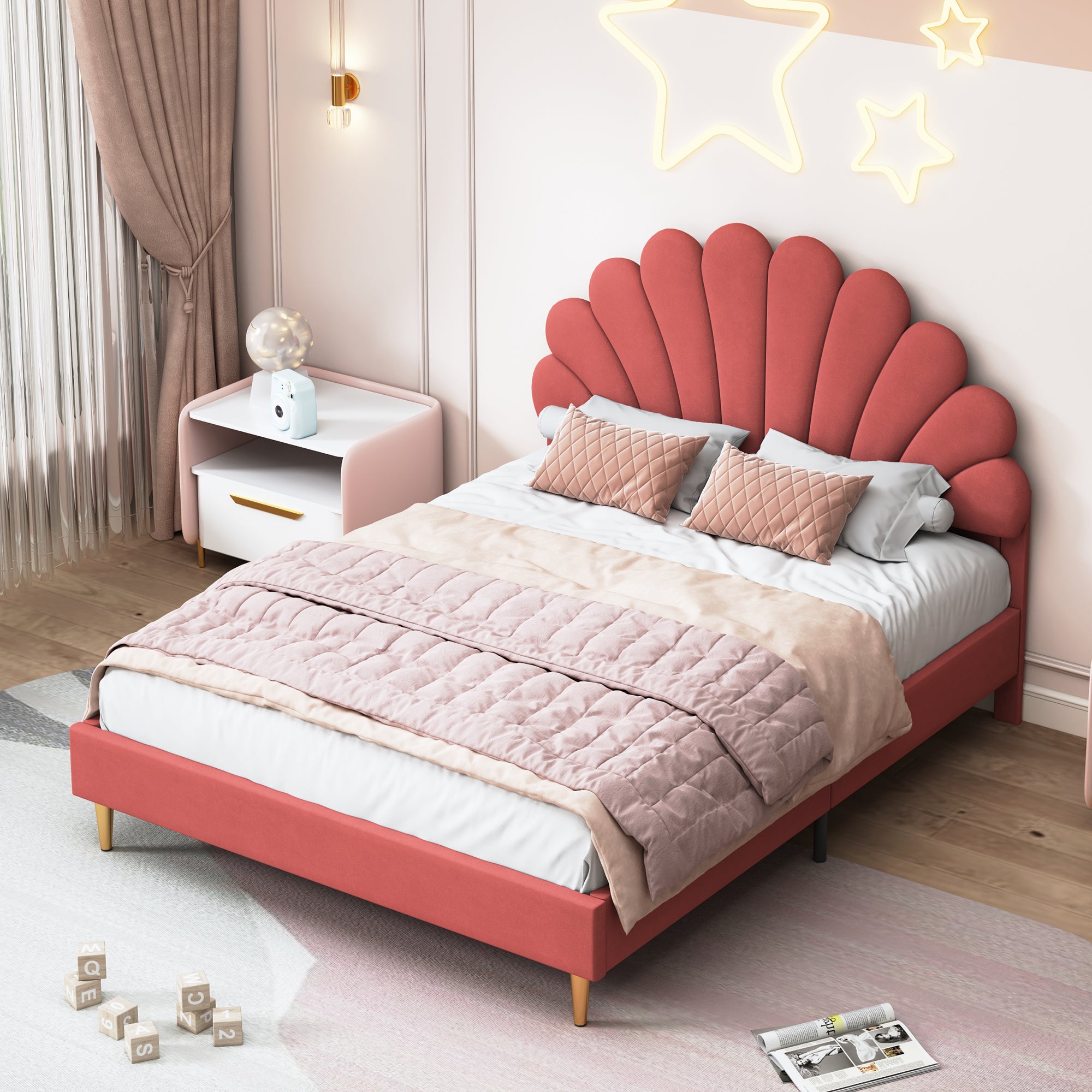 Lit Enfant 140x200, Lit Double Enfant Filles avec Tête de lit en forme ...