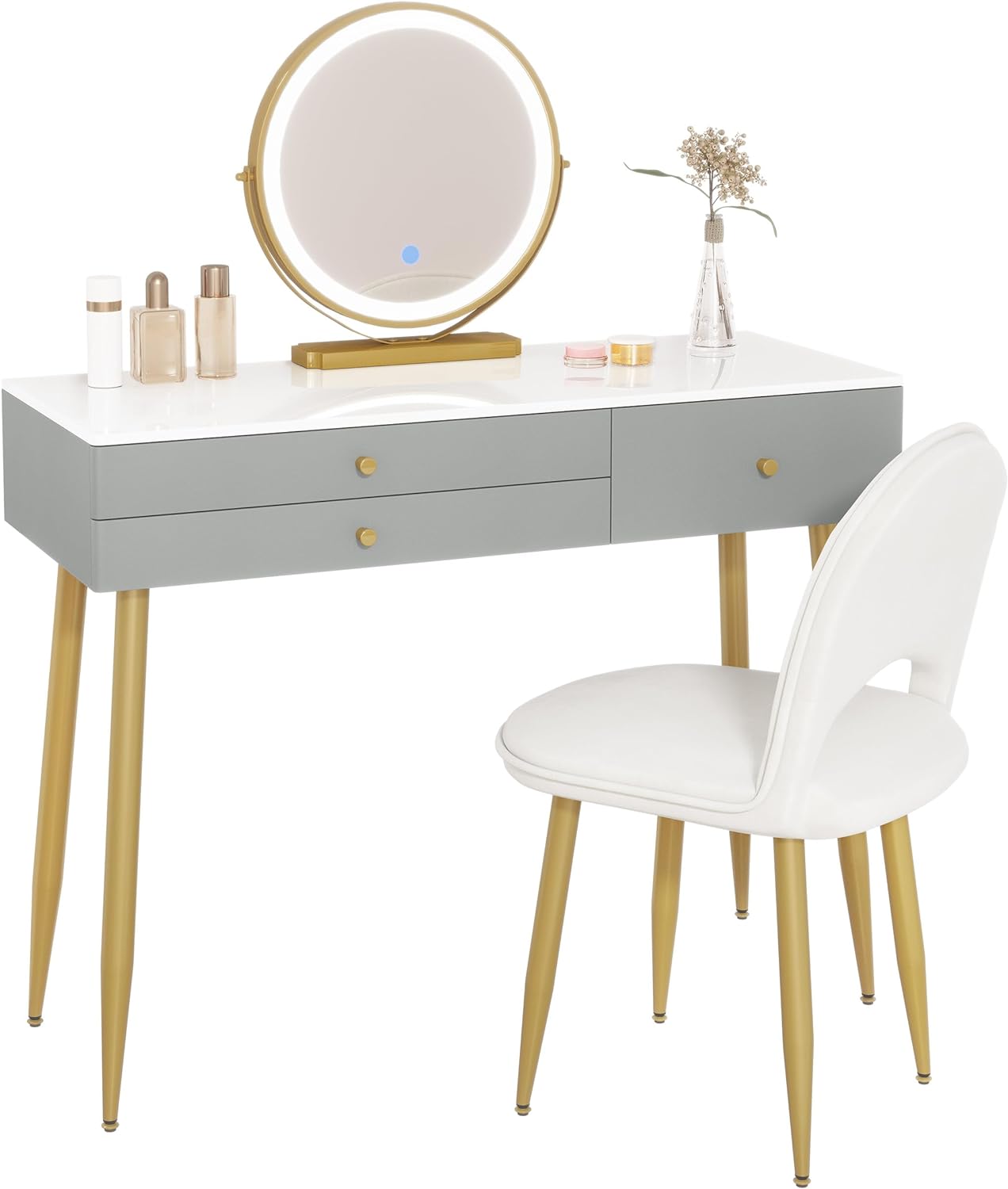 Coiffeuse avec Miroir LED Réglable et Chaise en Velours,Table de ...