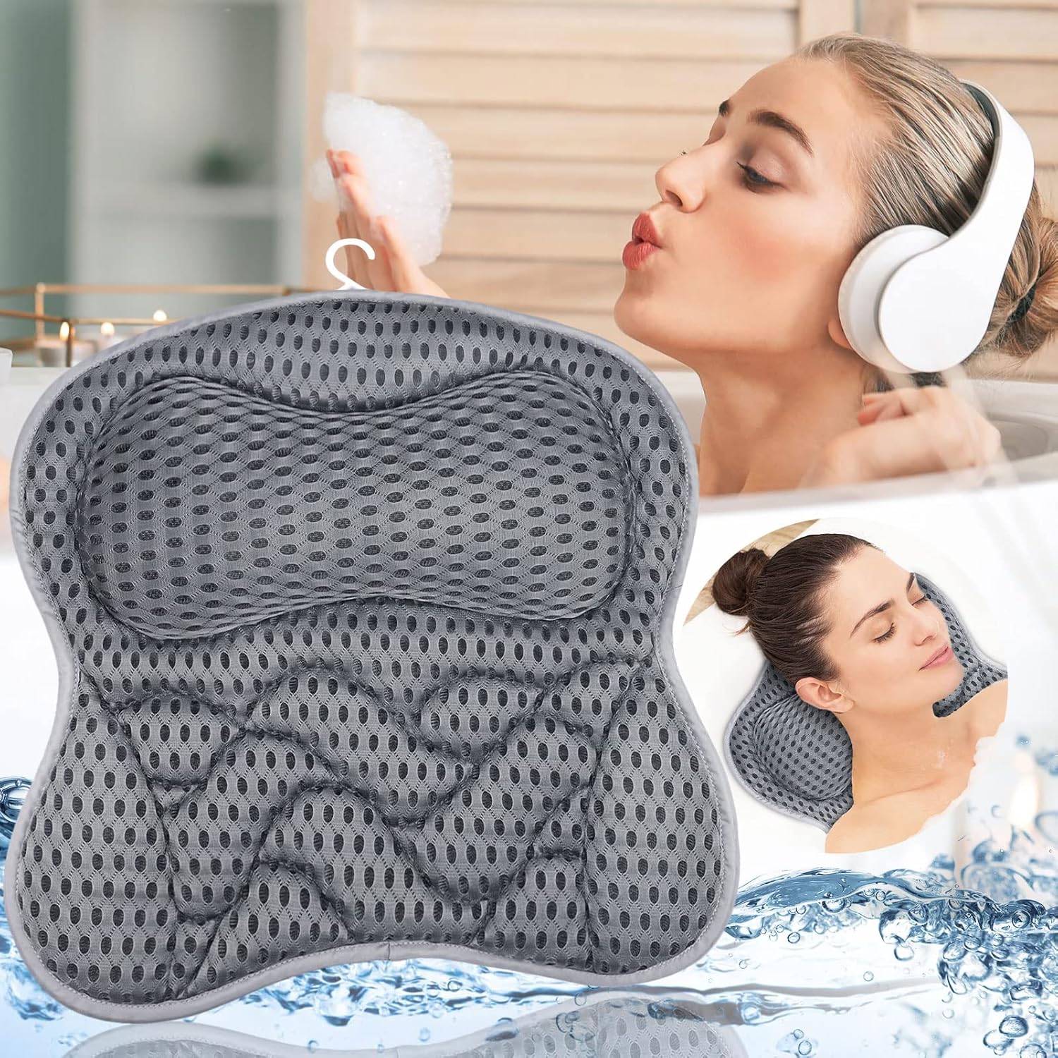 Oreiller de bain 4D Air Mesh avec 6 ventouses, design ergonomique ...