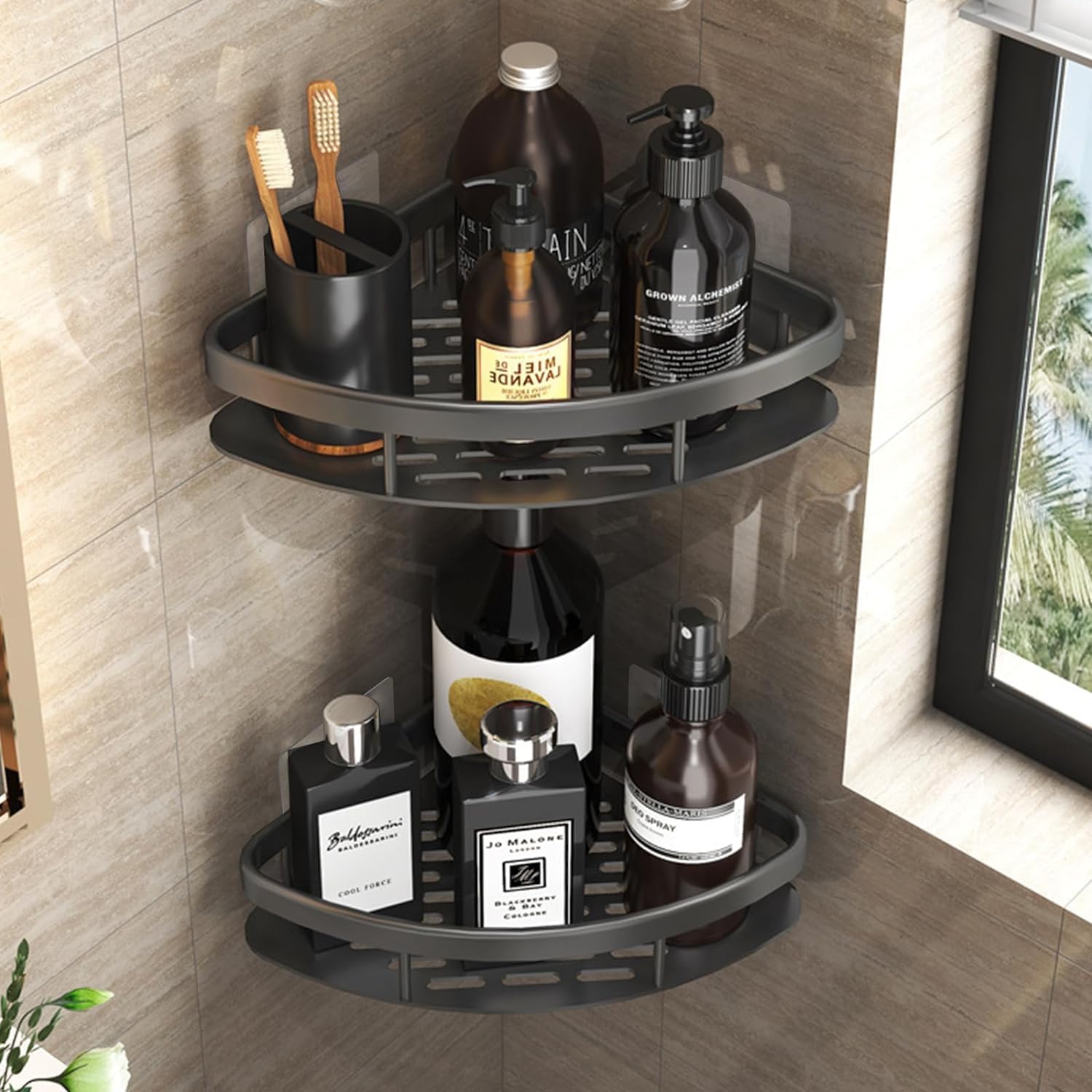 2 Etagere Angle Douche Noirs,Etagere Douche Sans Percage, Support Gel ...