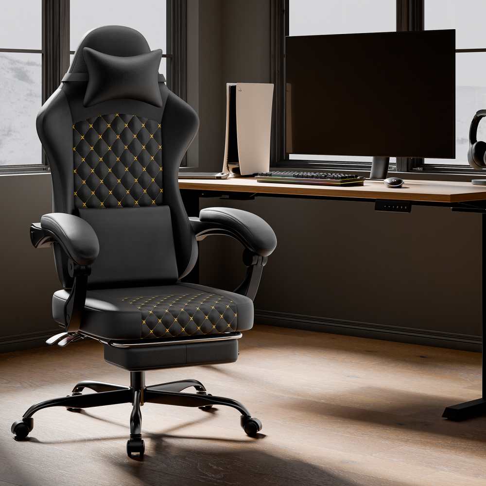 Chaise Gaming en Cuir avec Massage, Repose-Pieds Réglable, Chaise PC ...