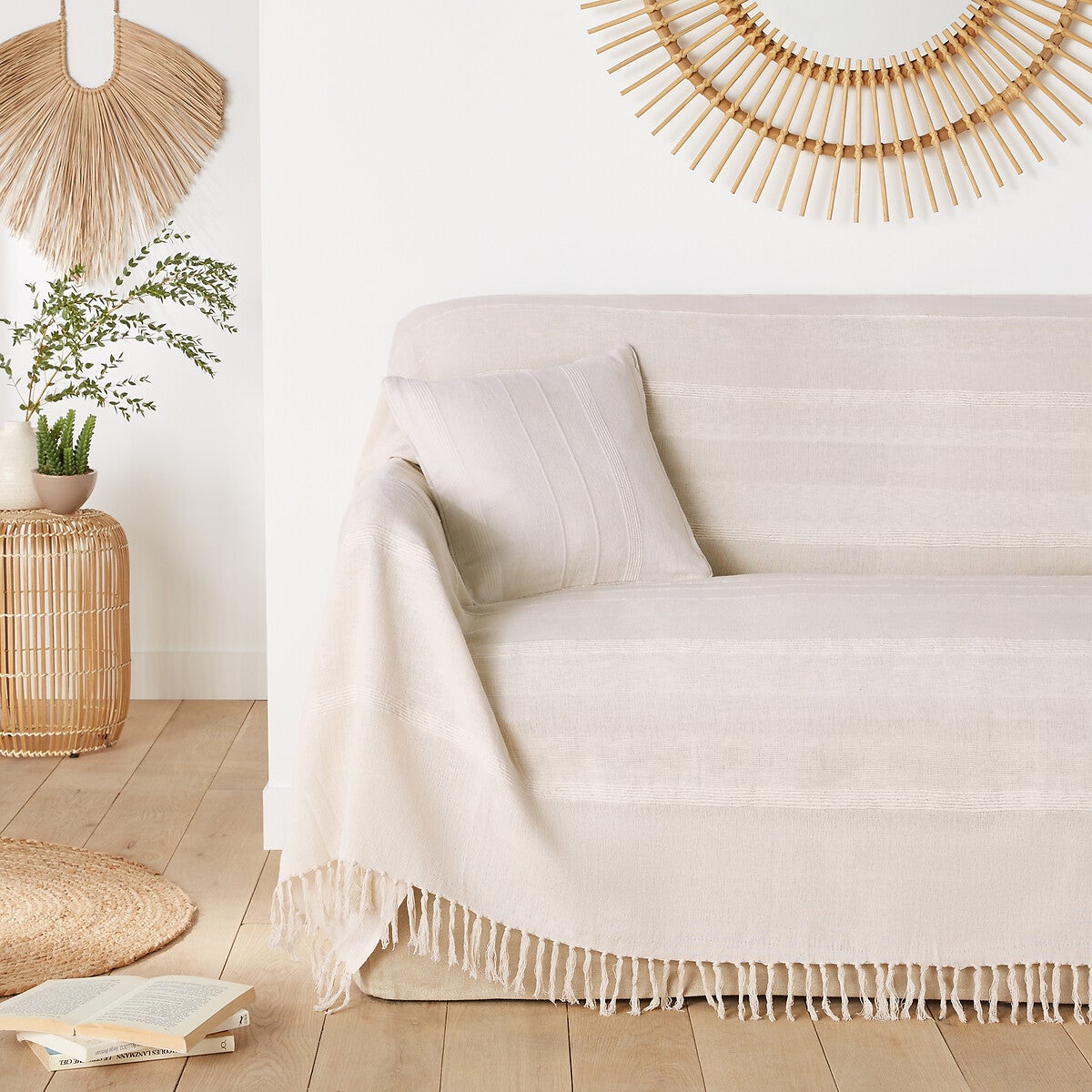 Plaid artisanal frangé coton, Nedo - Blanc écru - 150 x 150 cm | Leroy ...