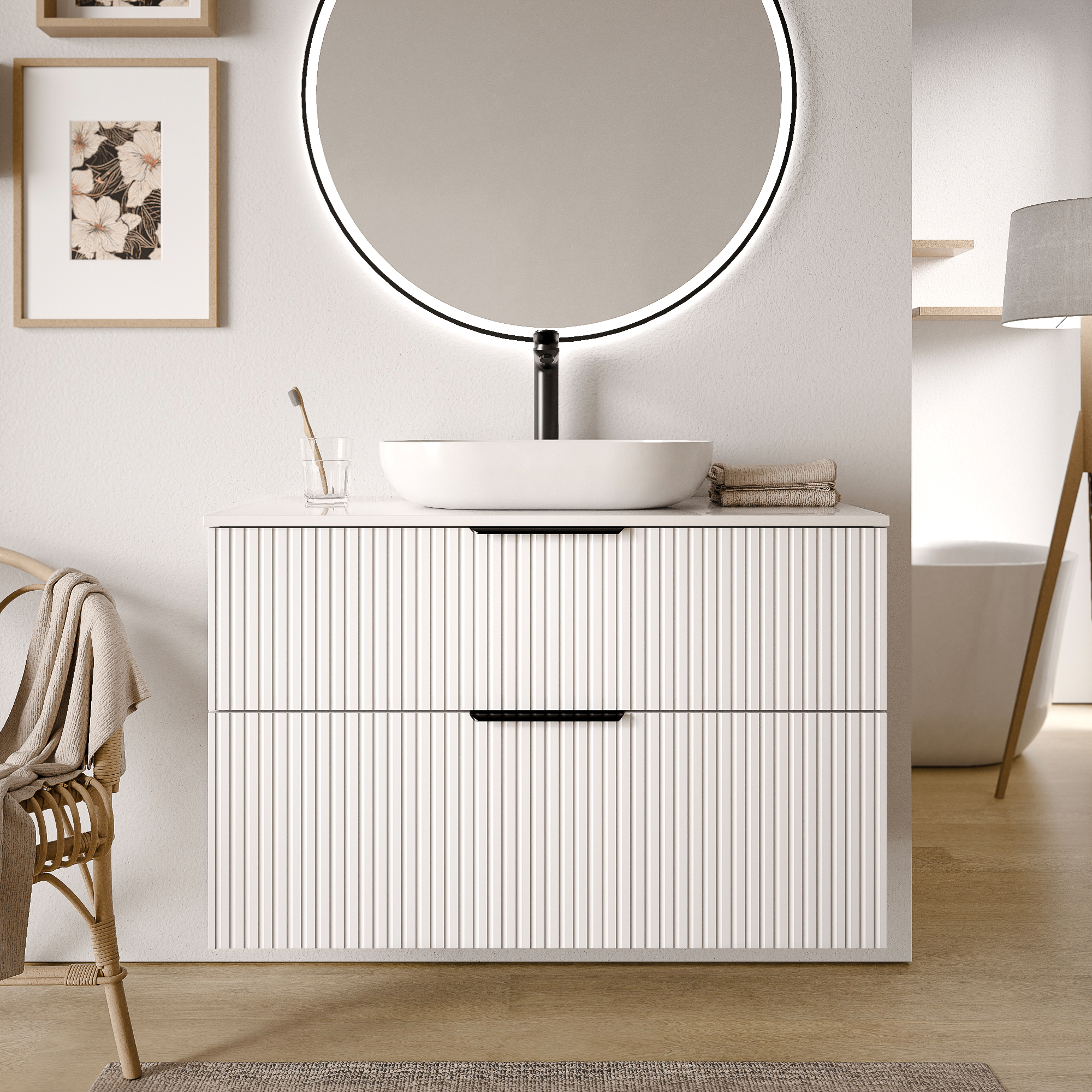 BERNSTEIN - Mueble lavabo suspendido MDF blanco mate estriado 100x46x62cm, encimera de lavabo ...