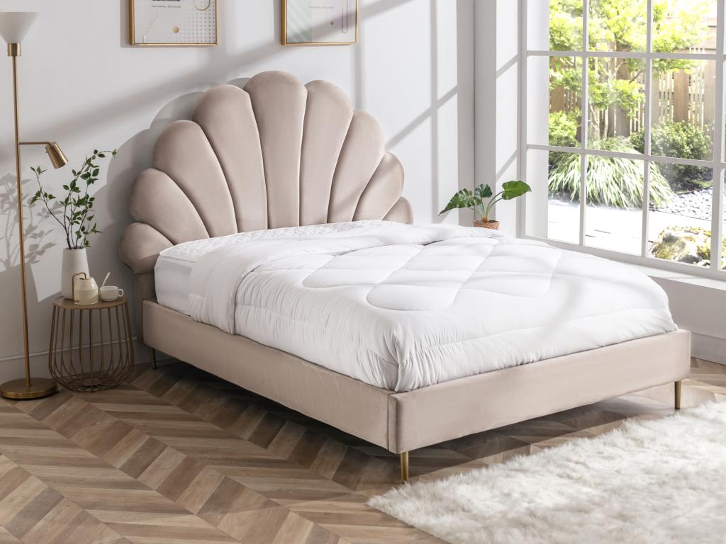 Lit coquillage 140 x 190 cm - Velours - Beige + Matelas - LIVAYA ...