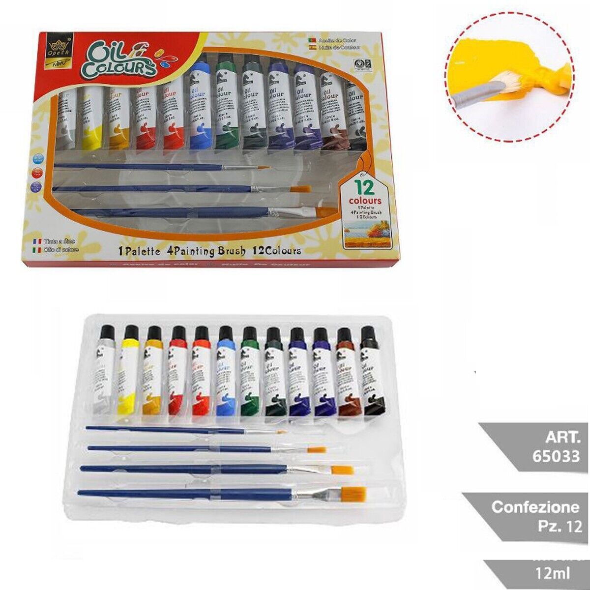 SET 12 COLORI TEMPERA A OLIO DA 12ML CON 4 PENNELLI E TAVOLOZZA PITTURA ...